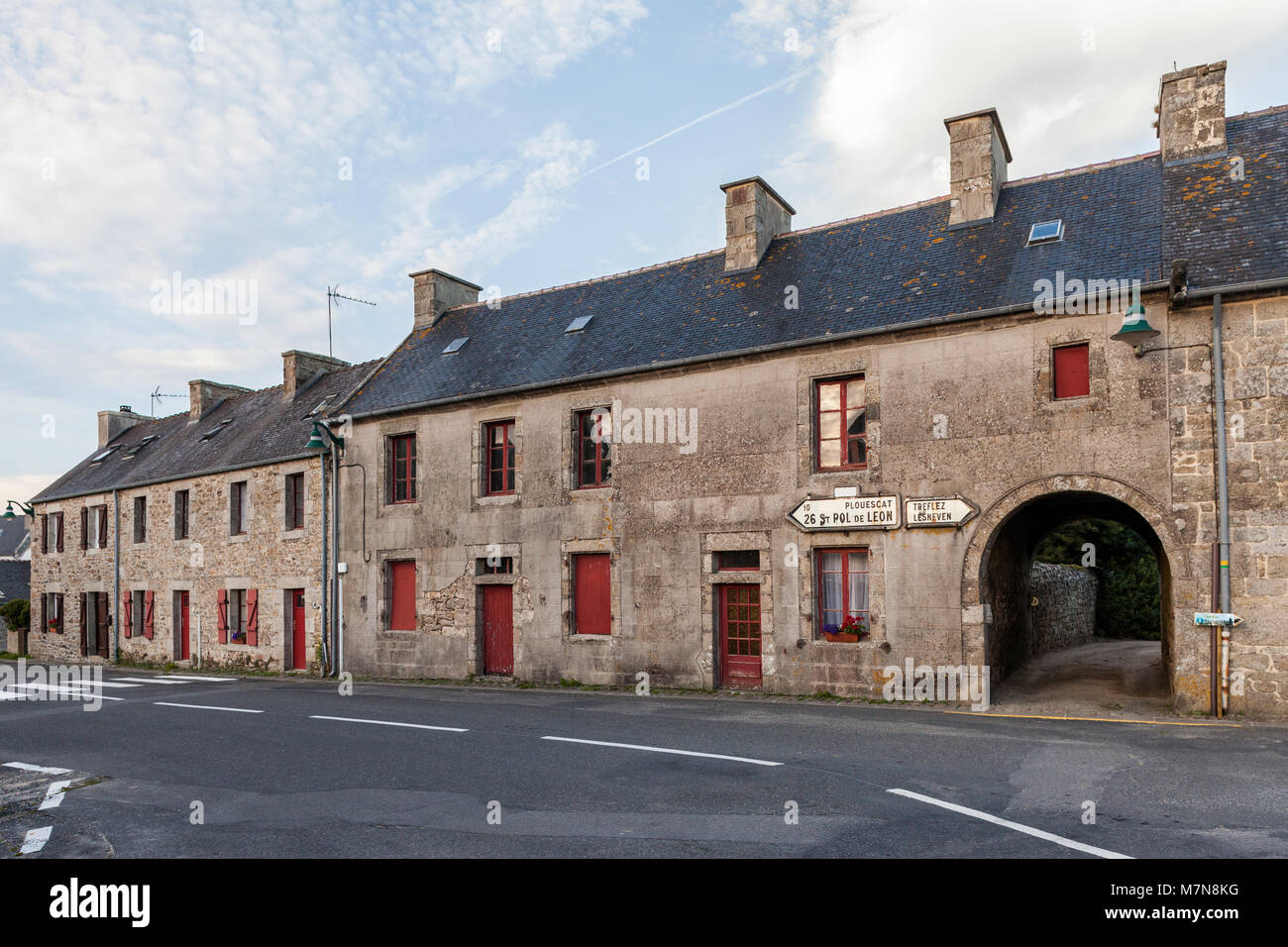 Goulven, France. 17 JULY 2017. Typical houses of Finistere, Brittany in ...