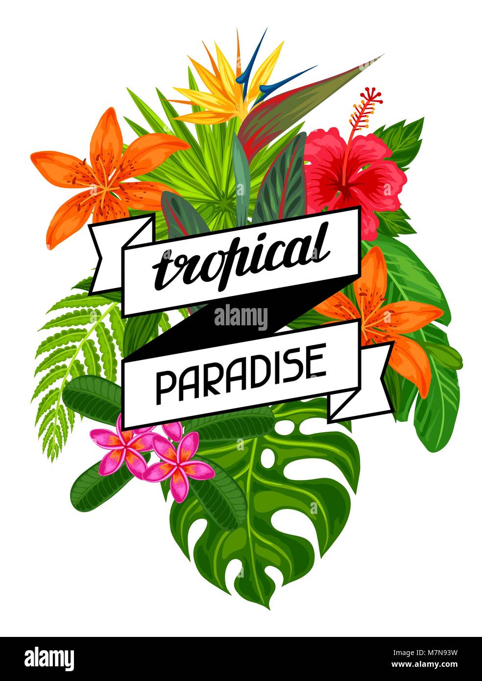 Tropical paradise card with stylized leaves and flowers. Image for ...