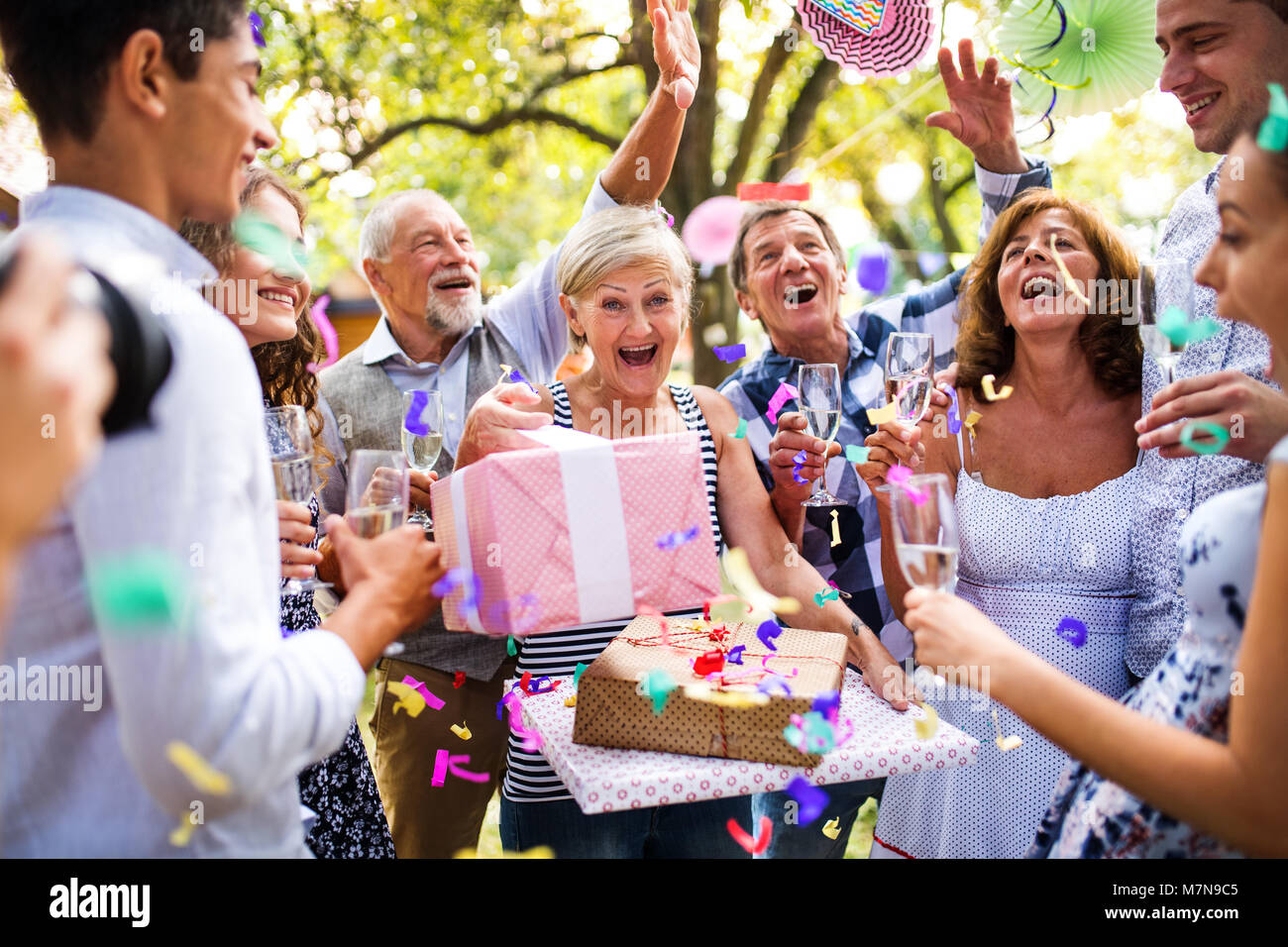 Family celebration or a garden party outside in the backyard Stock ...