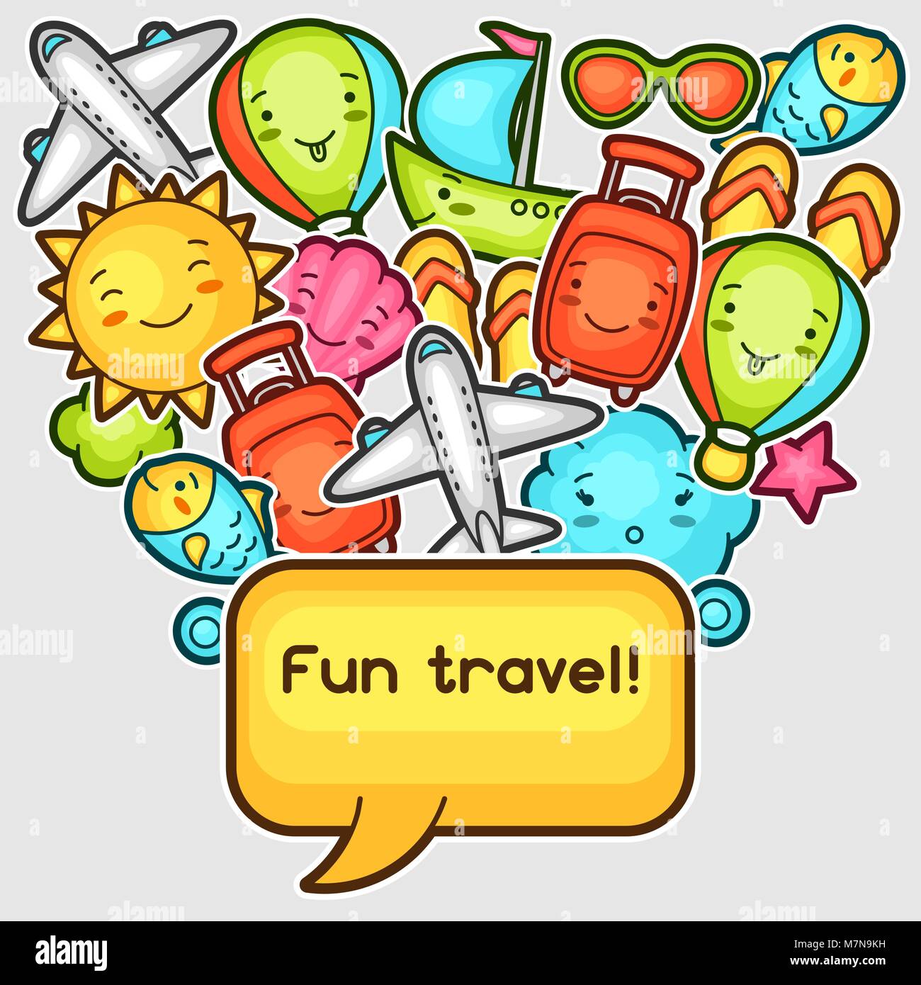 Cute travel background with kawaii doodles. Summer collection of ...
