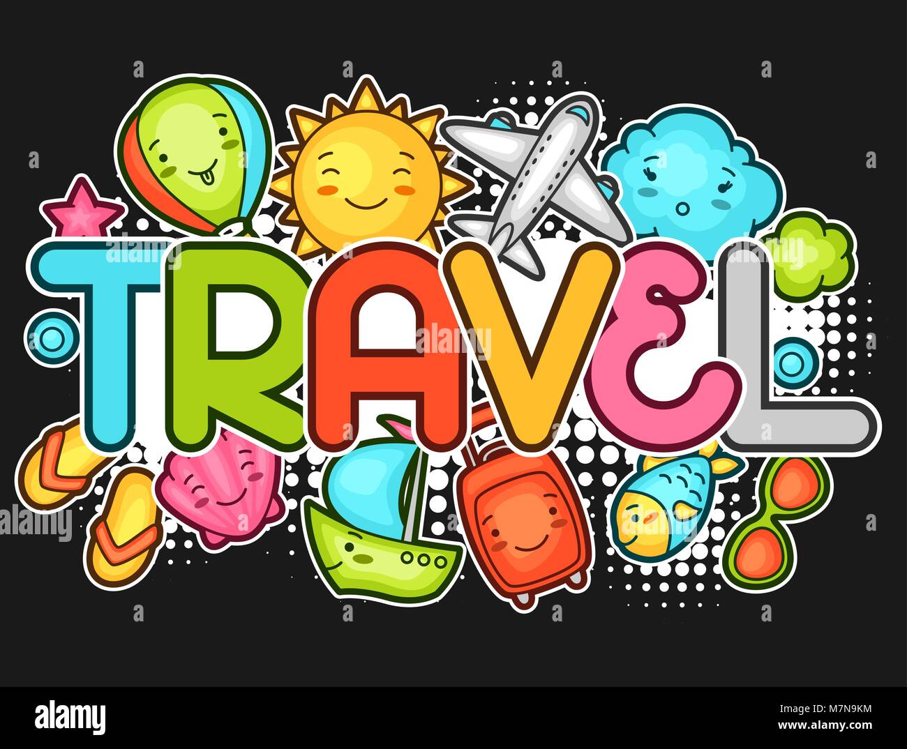 Cute travel background with kawaii doodles. Summer collection of ...