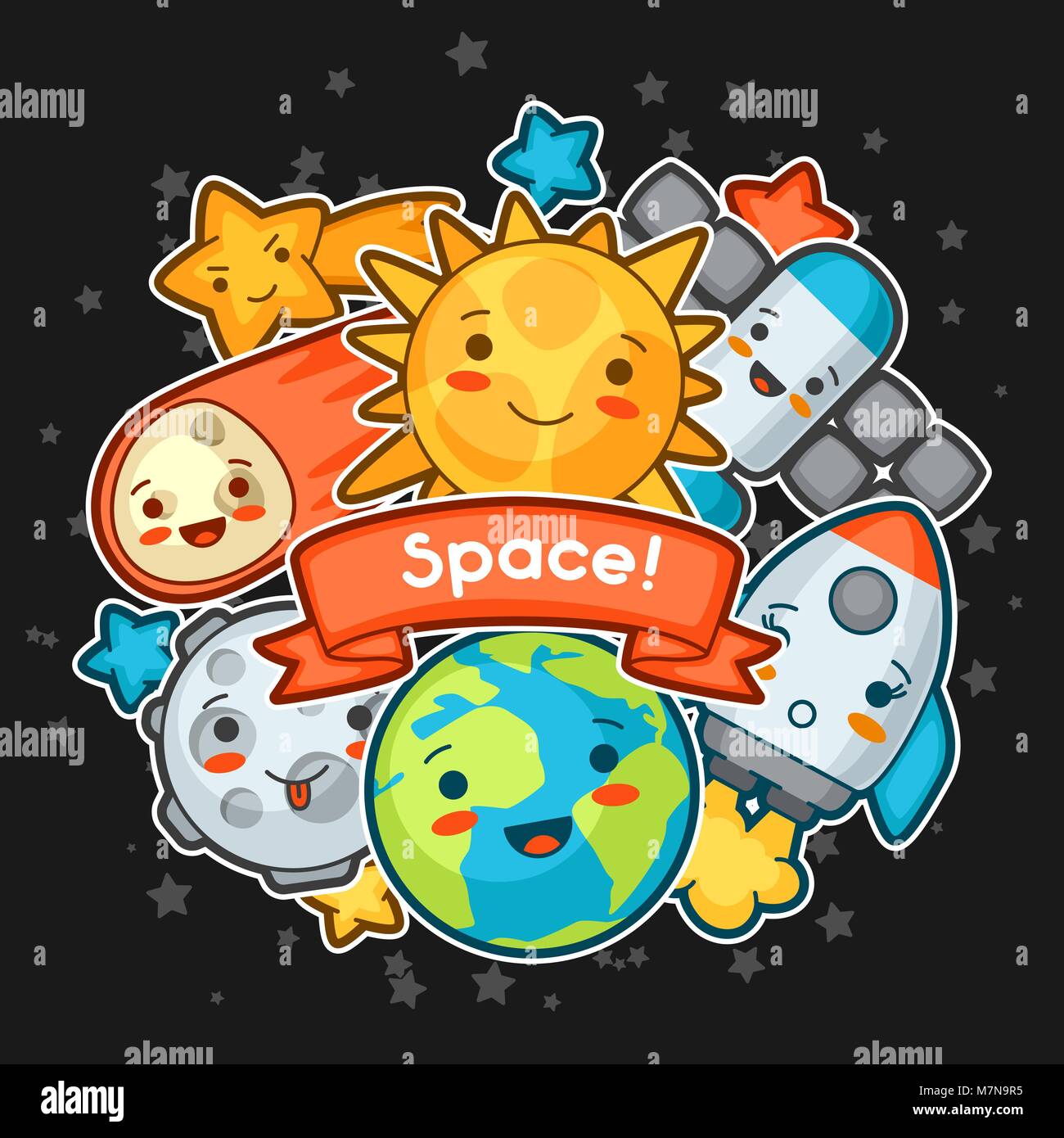 Kawaii space card. Doodles with pretty facial expression. Illustration ...