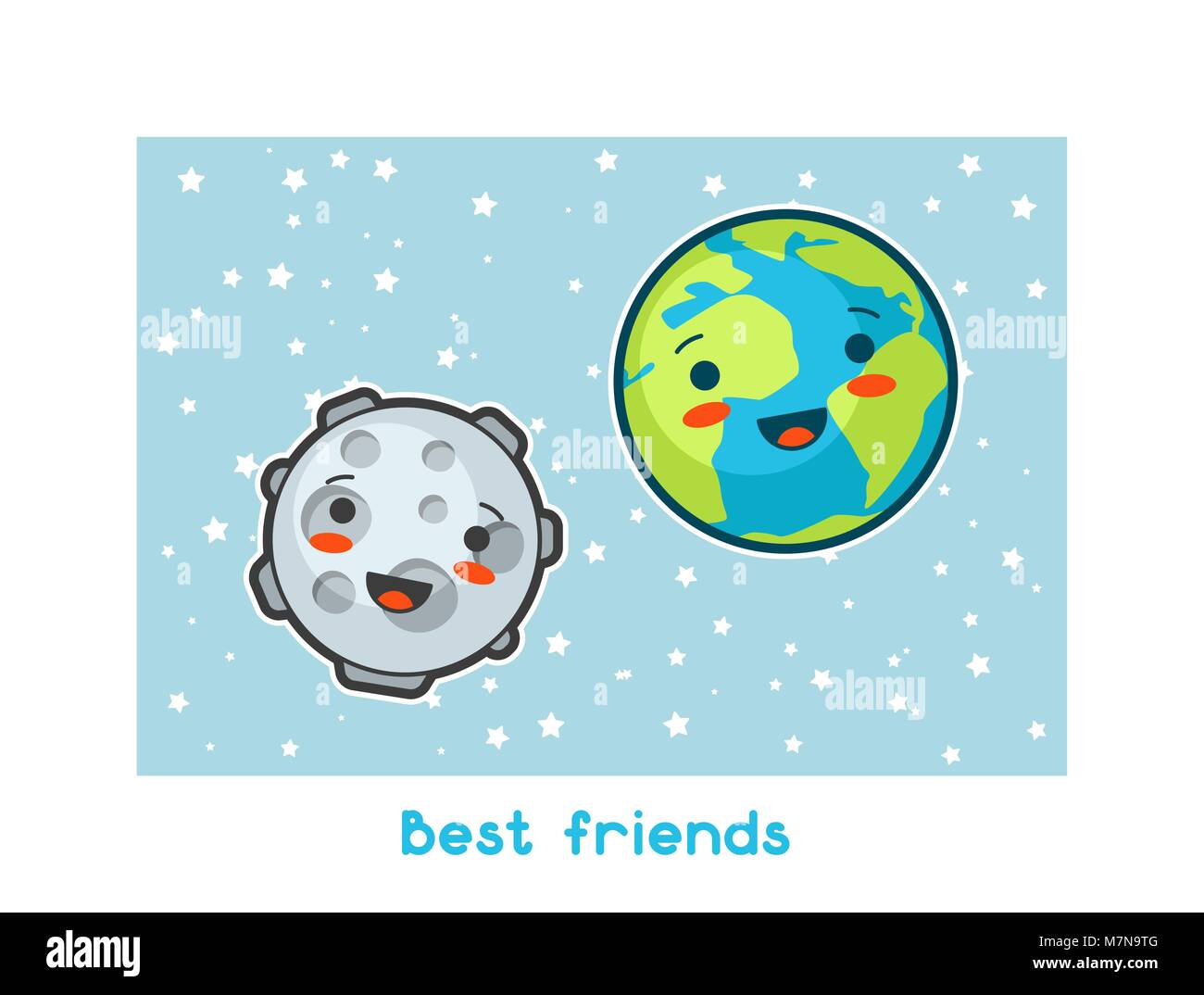 Best friends. Kawaii space funny card. Doodles with pretty facial ...