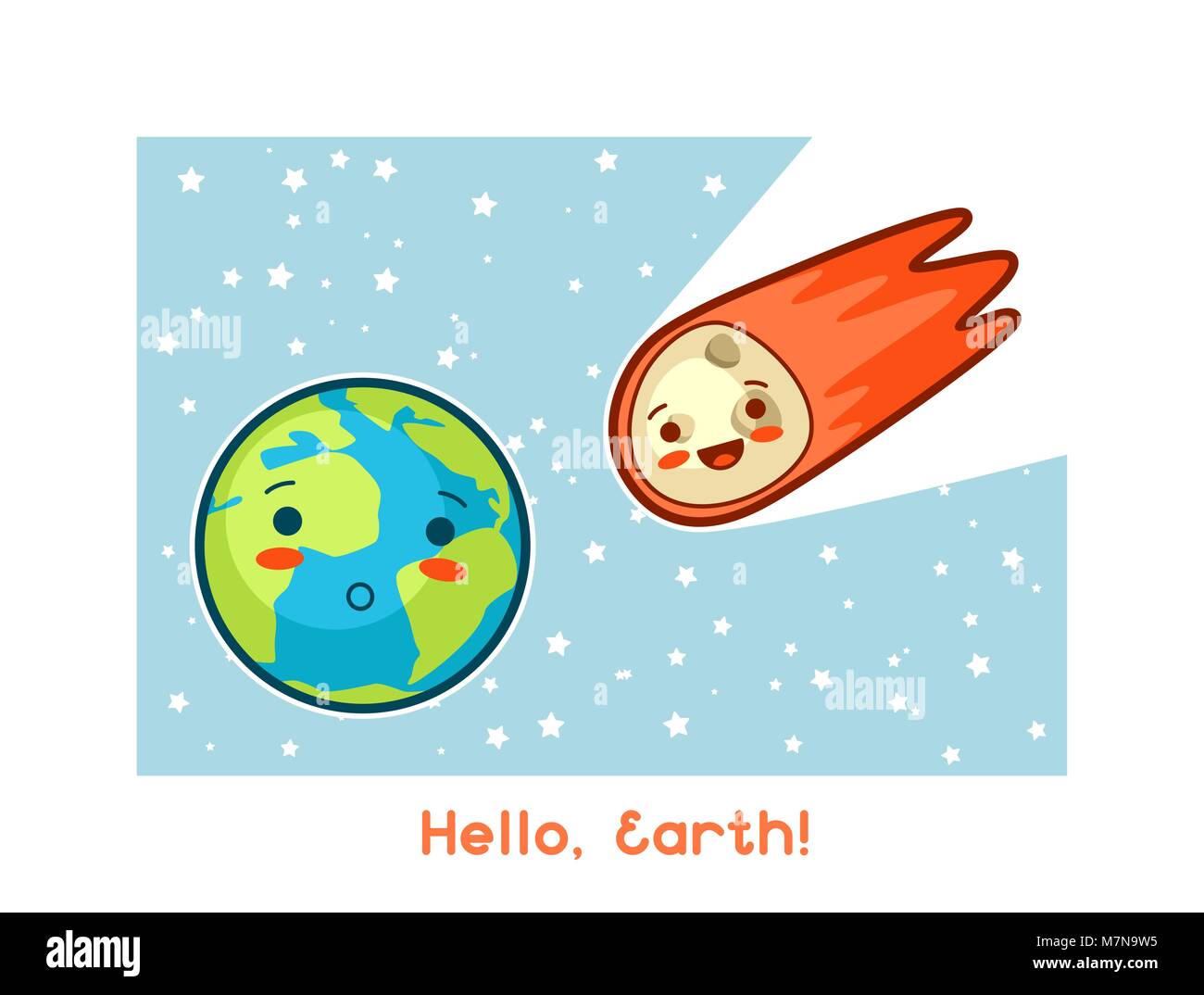 Hello, Earth. Kawaii space funny card. Doodles with pretty facial ...