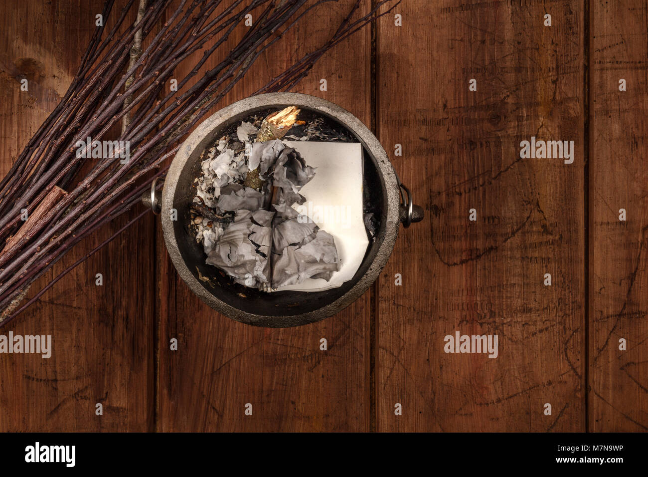 Overhead photo of witch's cauldron with broom and copy space Stock ...