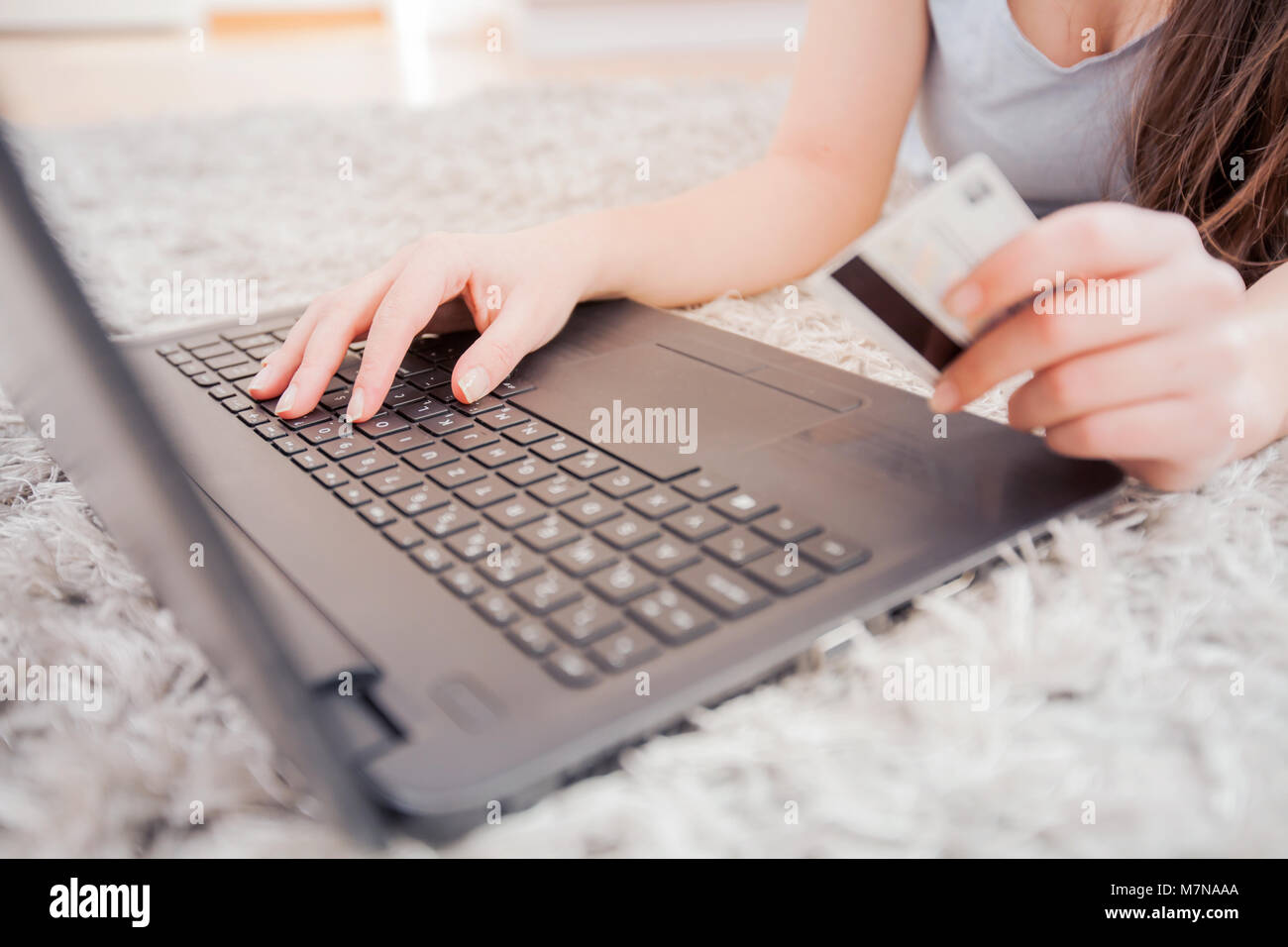 Online Shopping, female hand holding credit card, buying over internet ...