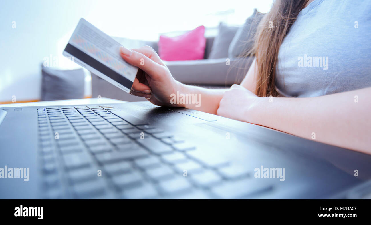 Online Shopping, female hand holding credit card, buying over internet ...