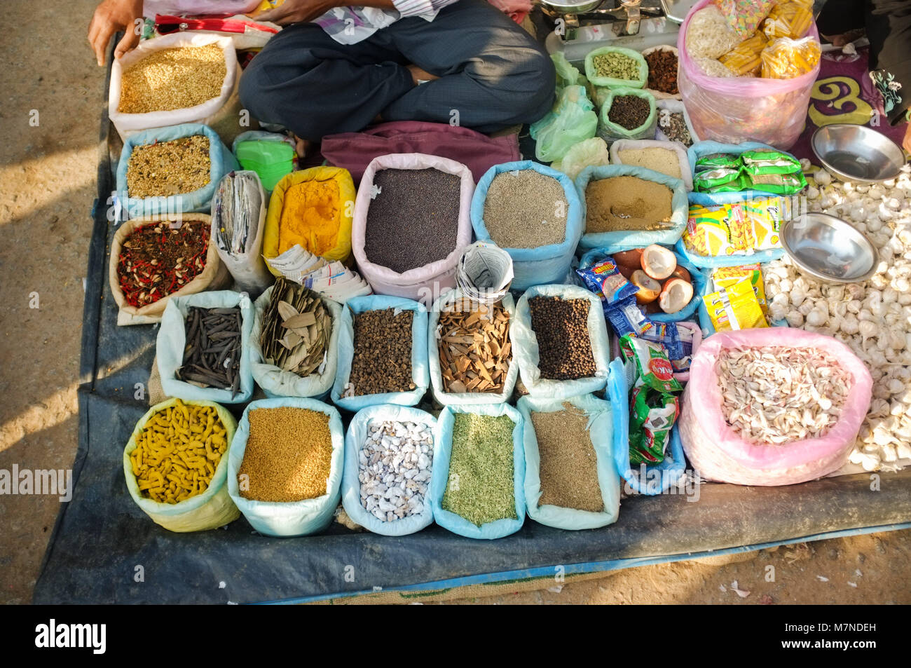 GOA, INDIA- FEBRUARY 2, 2015: Street salesman sitting at spice stand ...