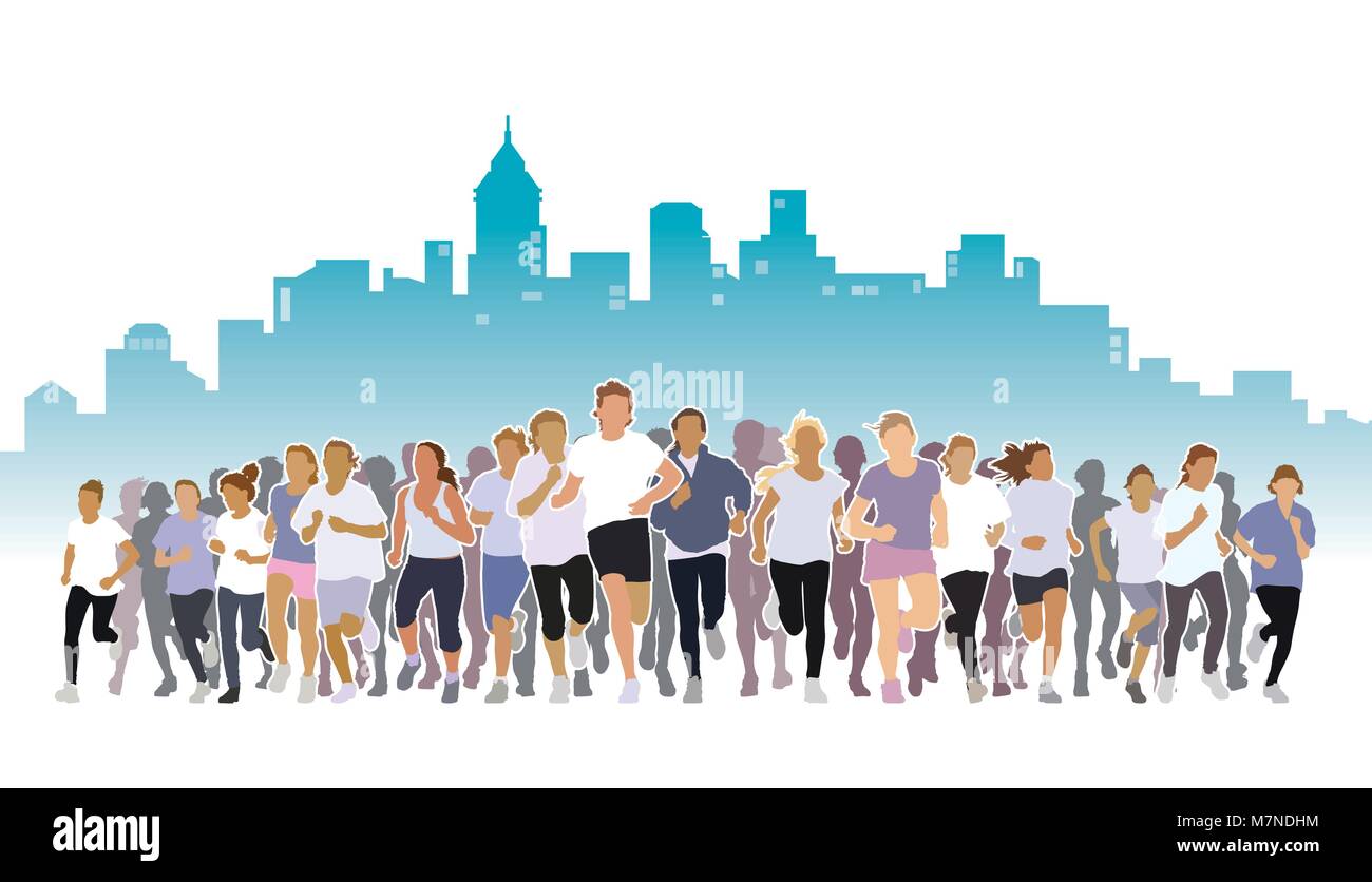 Front view of the crowd of young people running in the city marathon ...