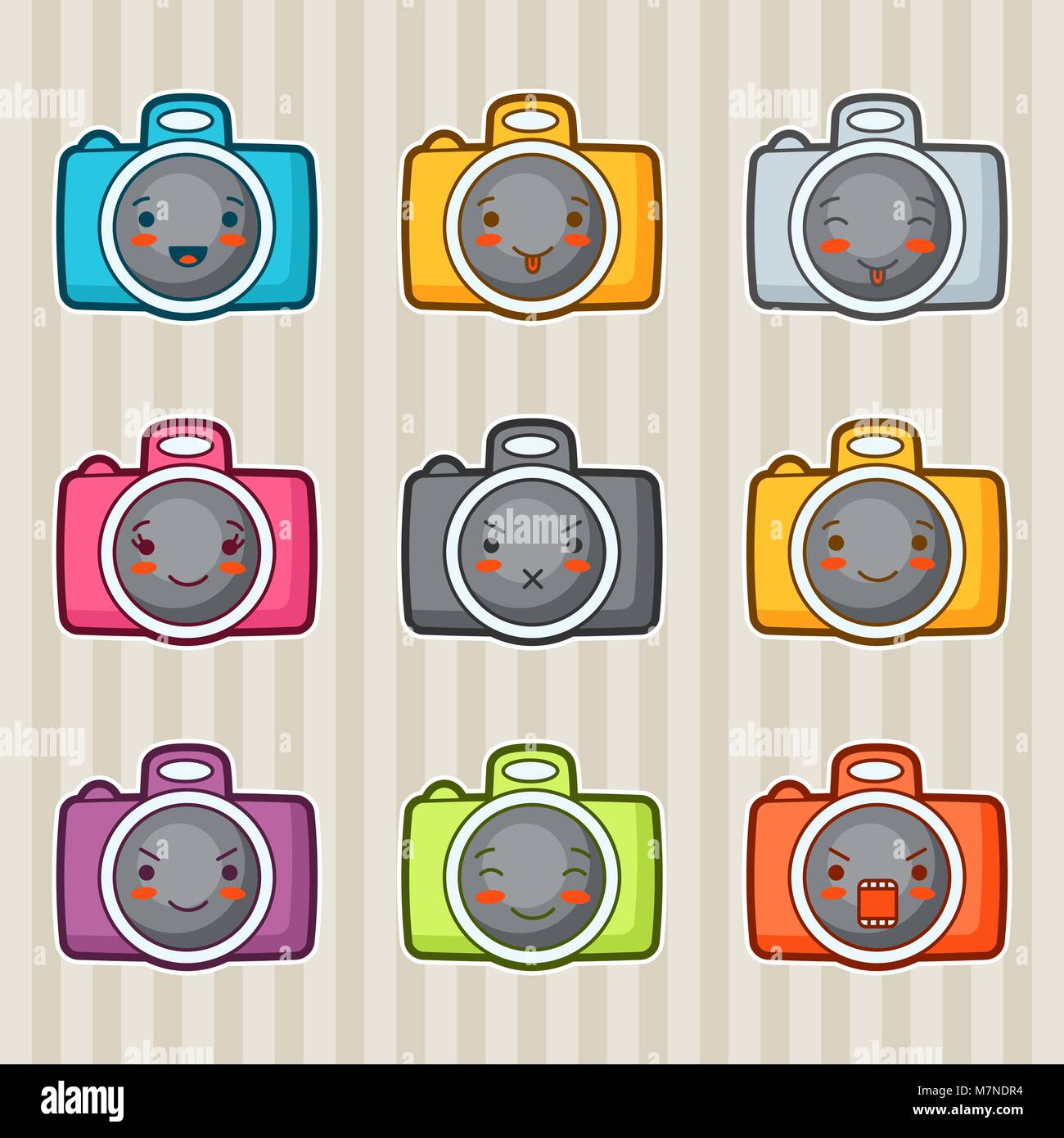 Kawaii doodle cameras set. Illustration of gadgets with various facial ...