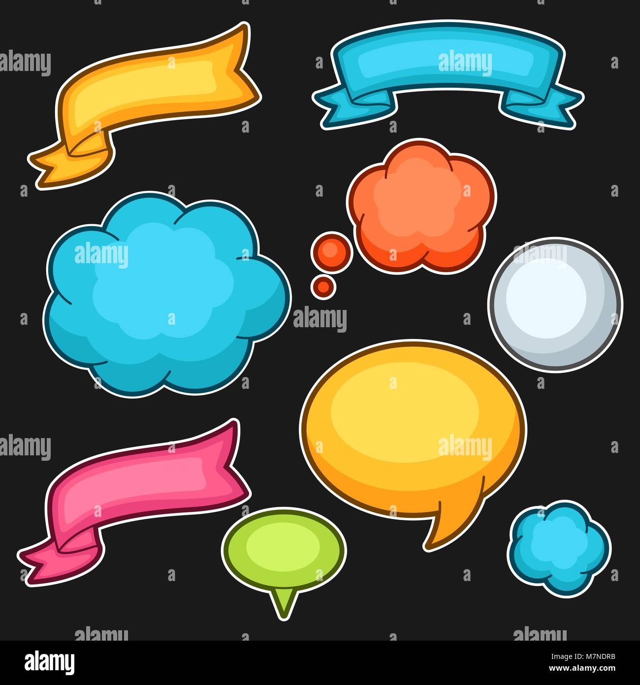 Set of cartoon speech bubbles ribbons and clouds Stock Vector Image ...