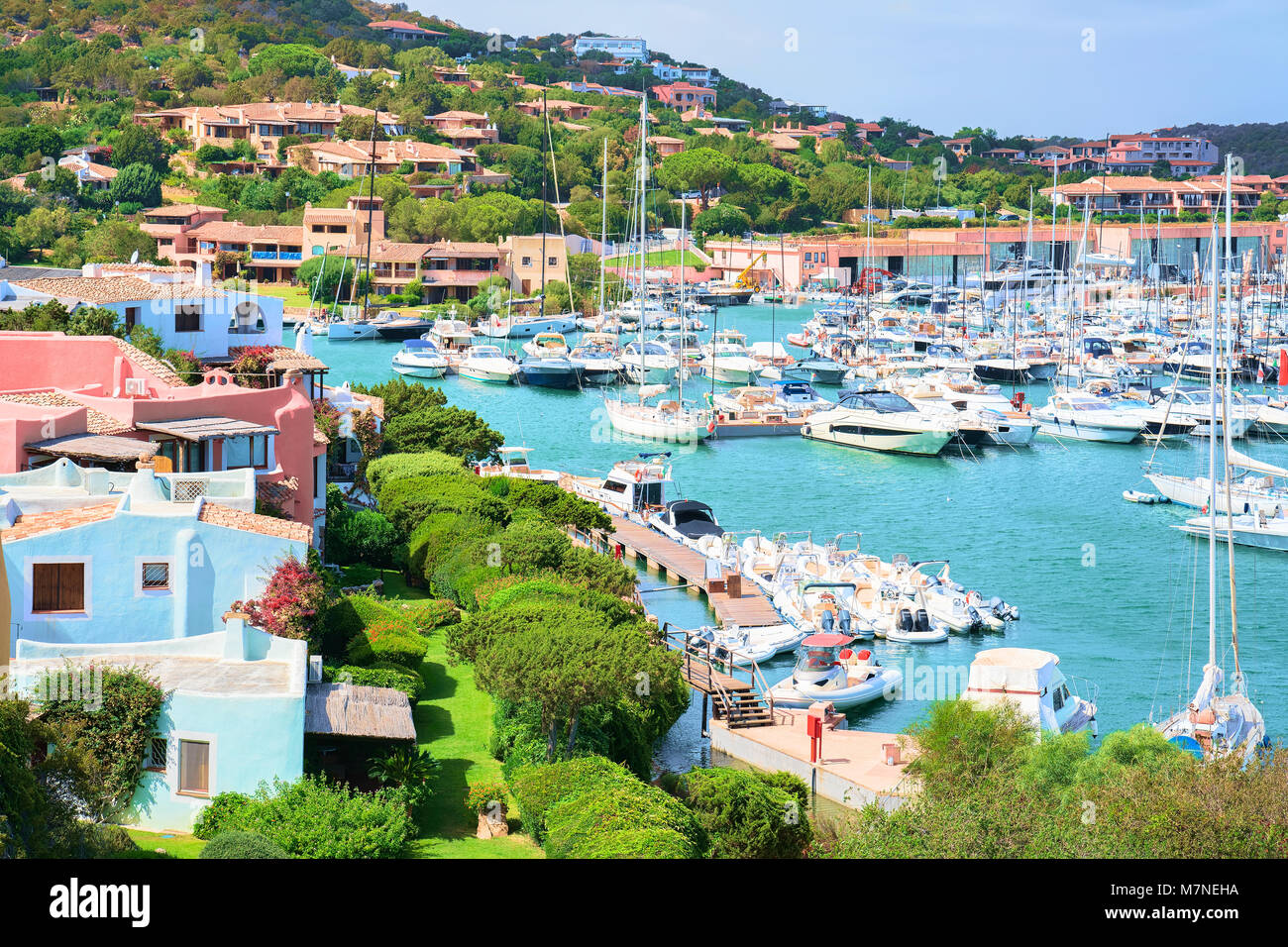 Luxury yachts in harbor in Porto Cervo resort, Costa Smeralda, Sardina ...