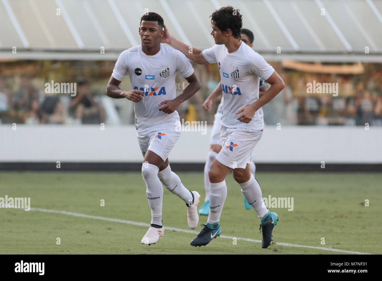 Santos, Brazil. 11th Mar, 2018. Arthur Gomes celebrates his goal, the ...