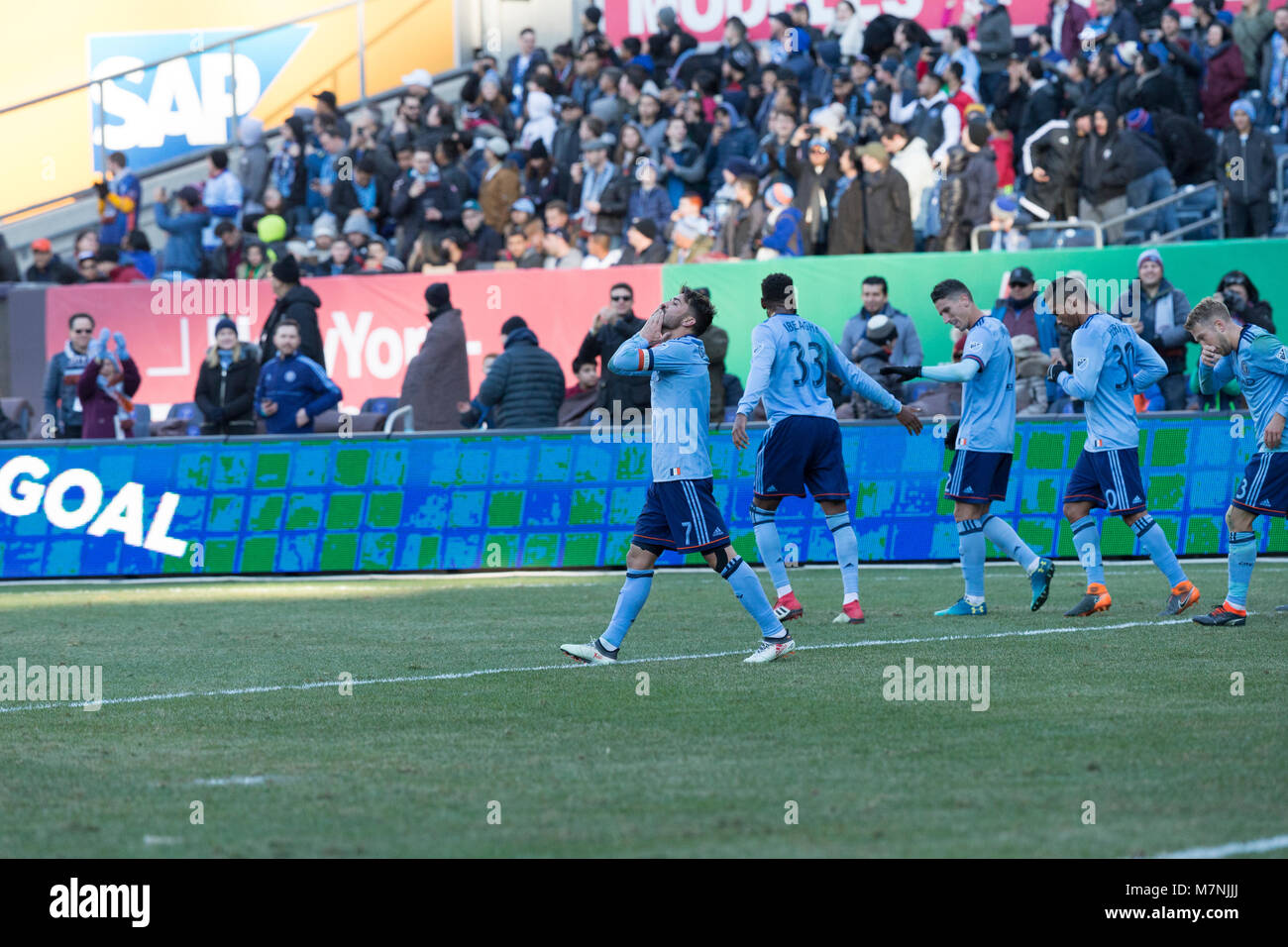 New York, USA. 11th Mar, 2018.David Villa (7) of NYC FC celebrates ...