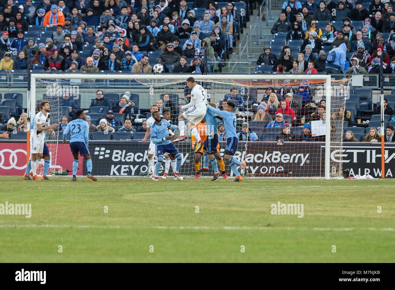 New York, USA. 11th Mar, 2018.Daniel Steres (5) of LA Galaxy kicks ball ...