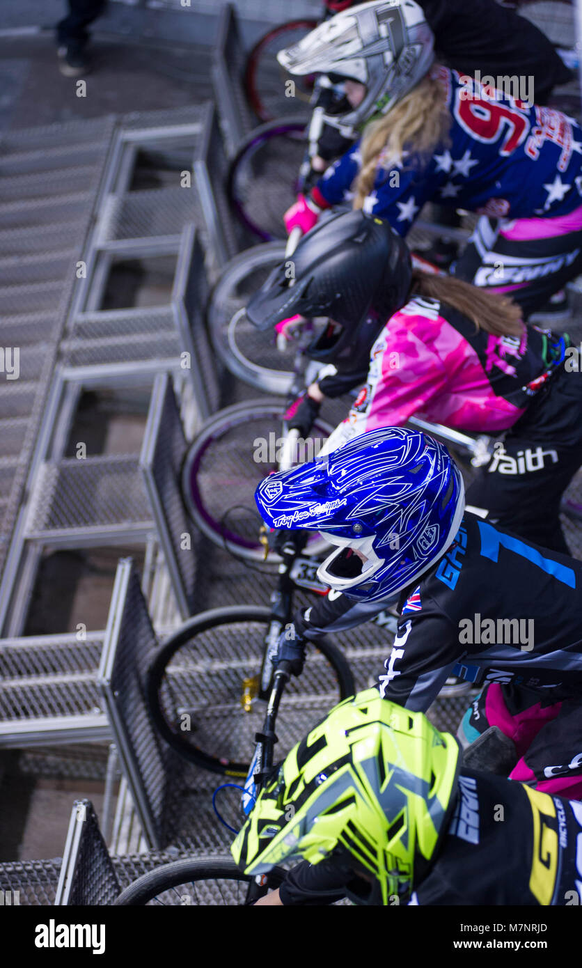 National Cycling Centre, Manchester, UK, 11th March 2018. Racers on the ...