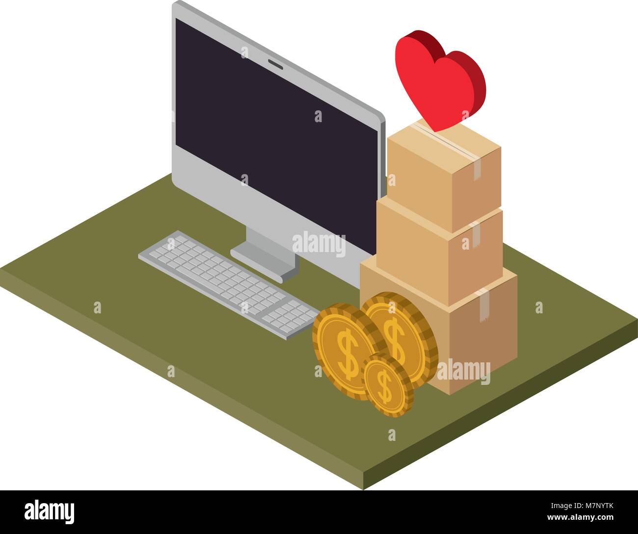 computer with pile boxes of heart and coins isometric Stock Vector ...