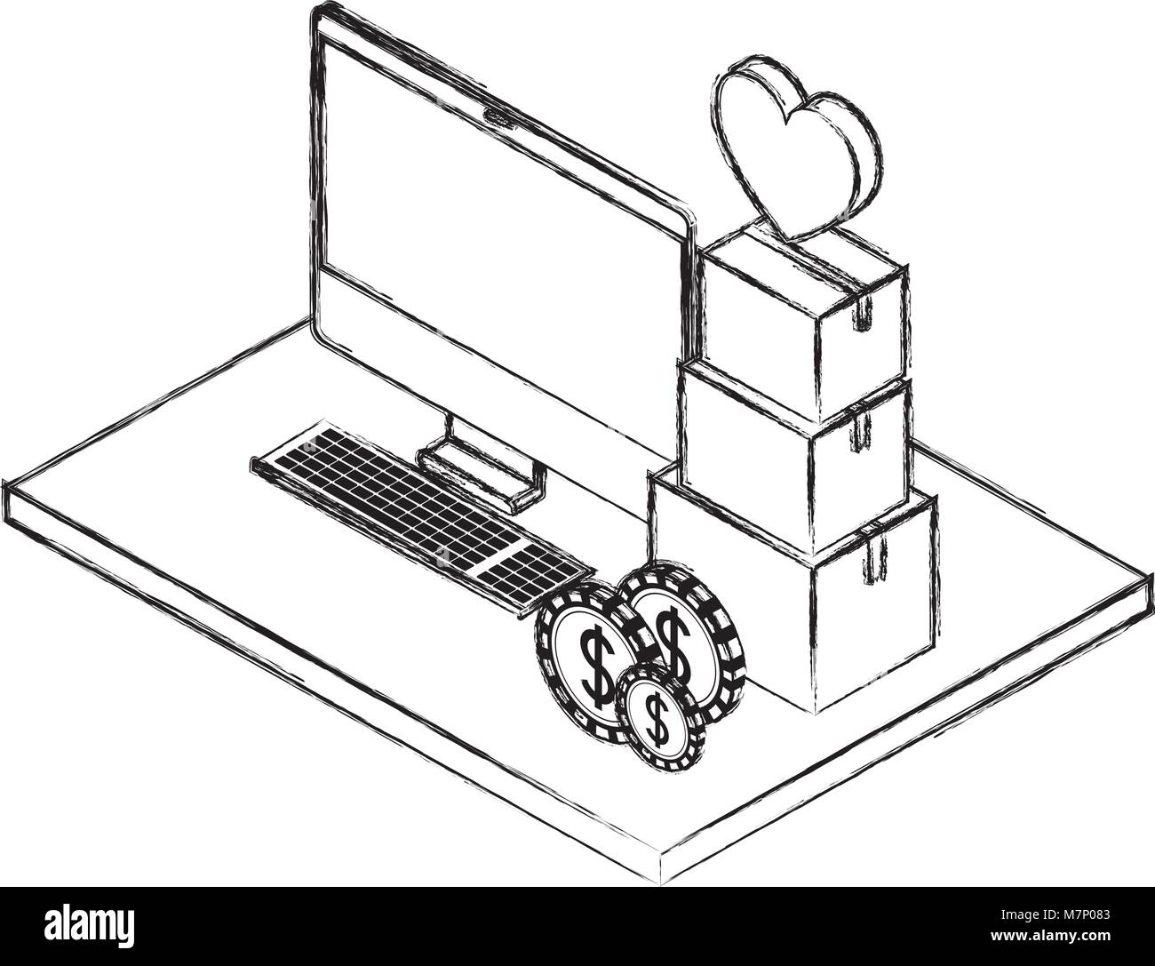 computer with pile boxes of heart and coins isometric Stock Vector ...