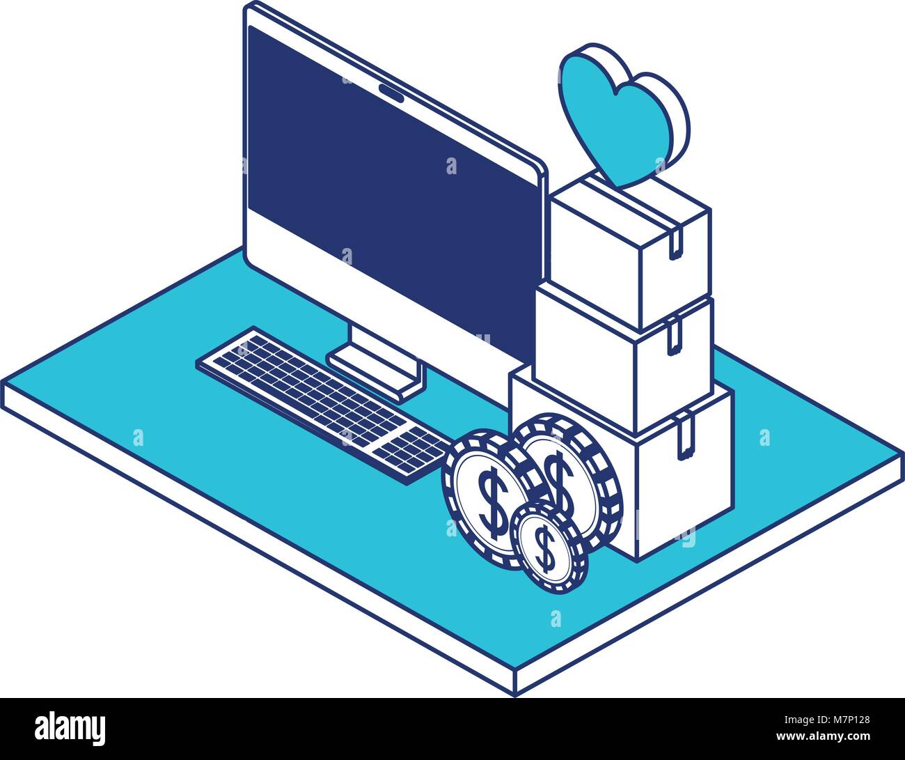 computer with pile boxes of heart and coins isometric Stock Vector ...