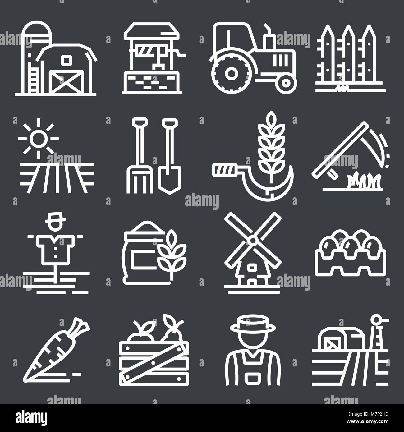 Farming and agriculture icons set. Harvester trucks, tractors, farmers ...