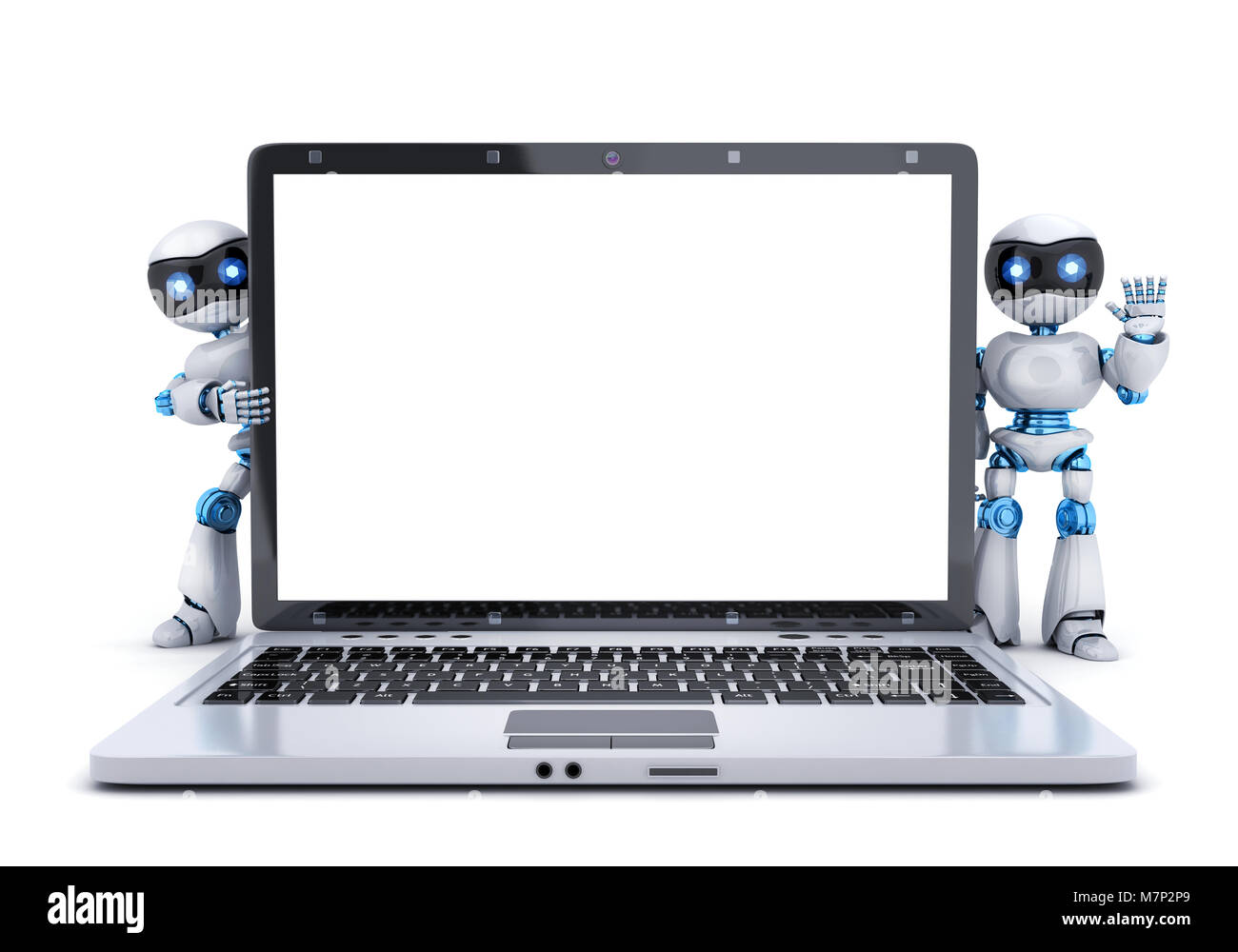 Robots, laptop isolated and empty white screen. 3d illustration Stock ...