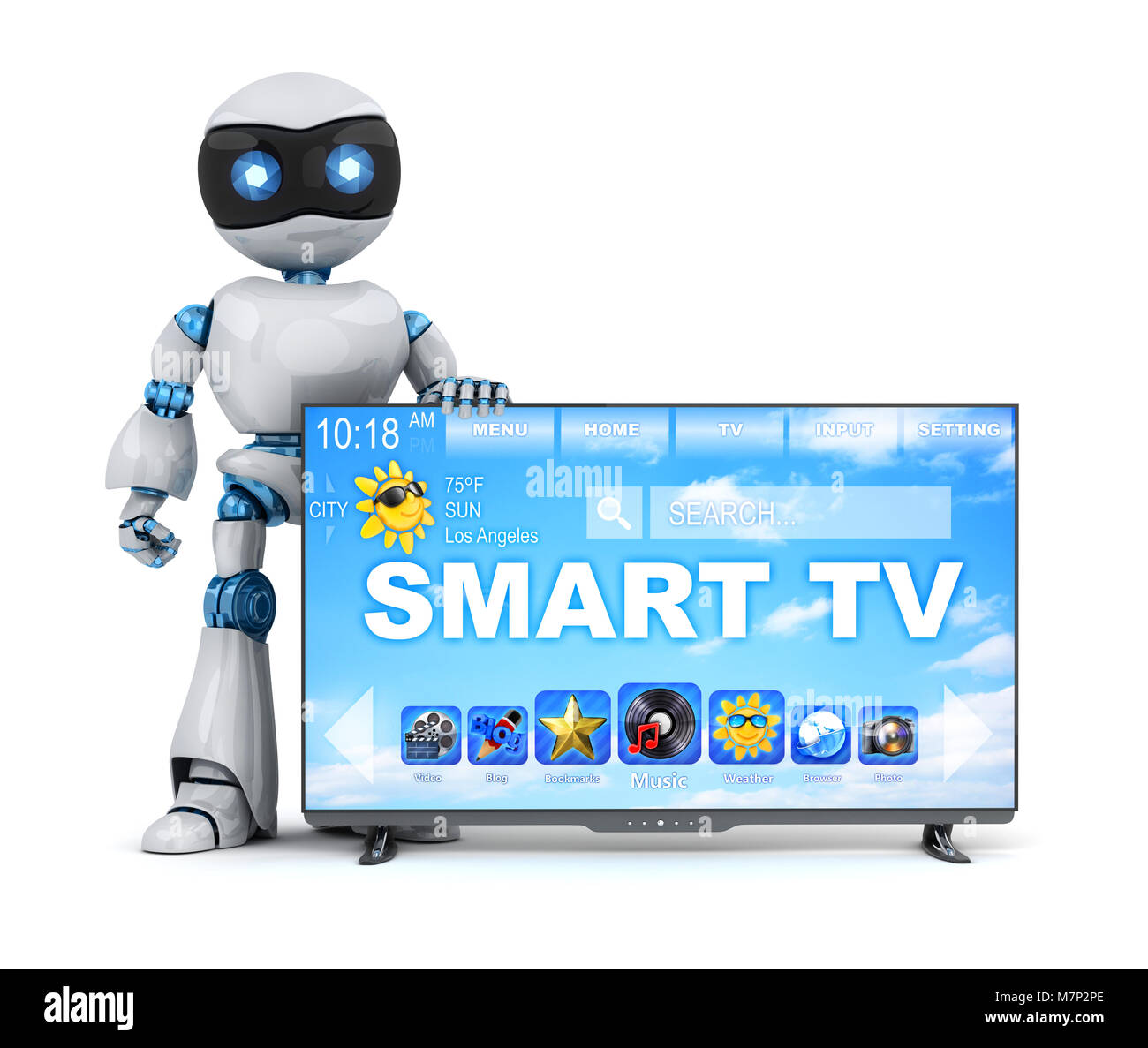 Robot and modern smart TV. 3d illustration Stock Photo - Alamy