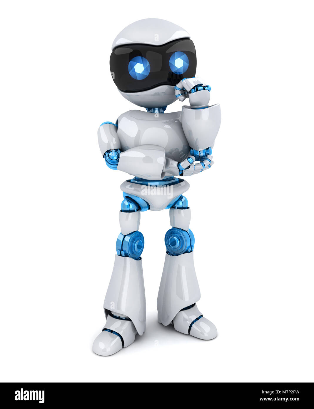 The robot stands and thinks on white background. 3d illustration Stock ...