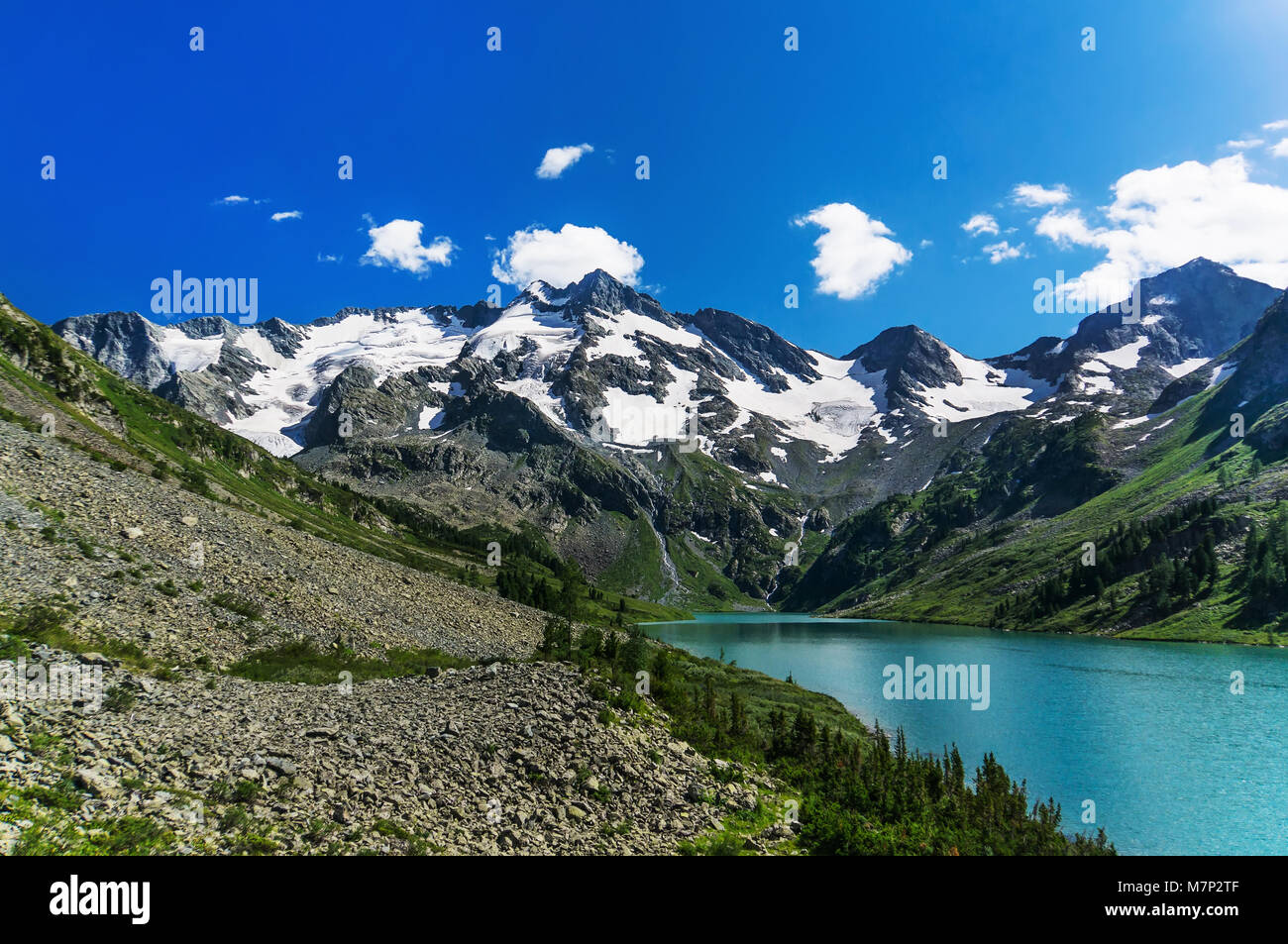 Mountain lake, Russia Siberia Altai mountains. Beautiful mountain slope ...