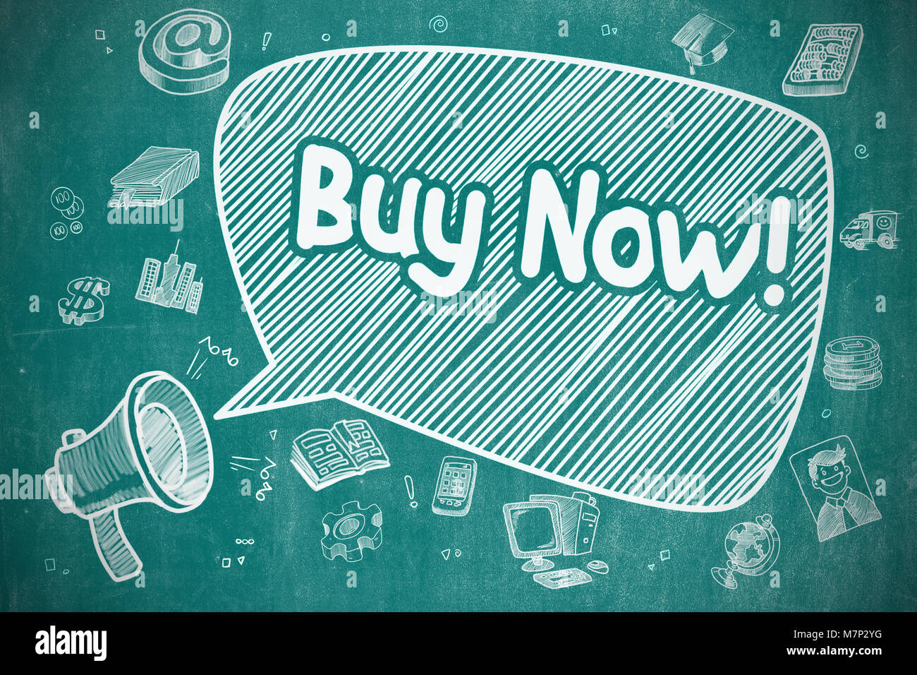 Buy Now - Cartoon Illustration on Blue Chalkboard Stock Photo - Alamy