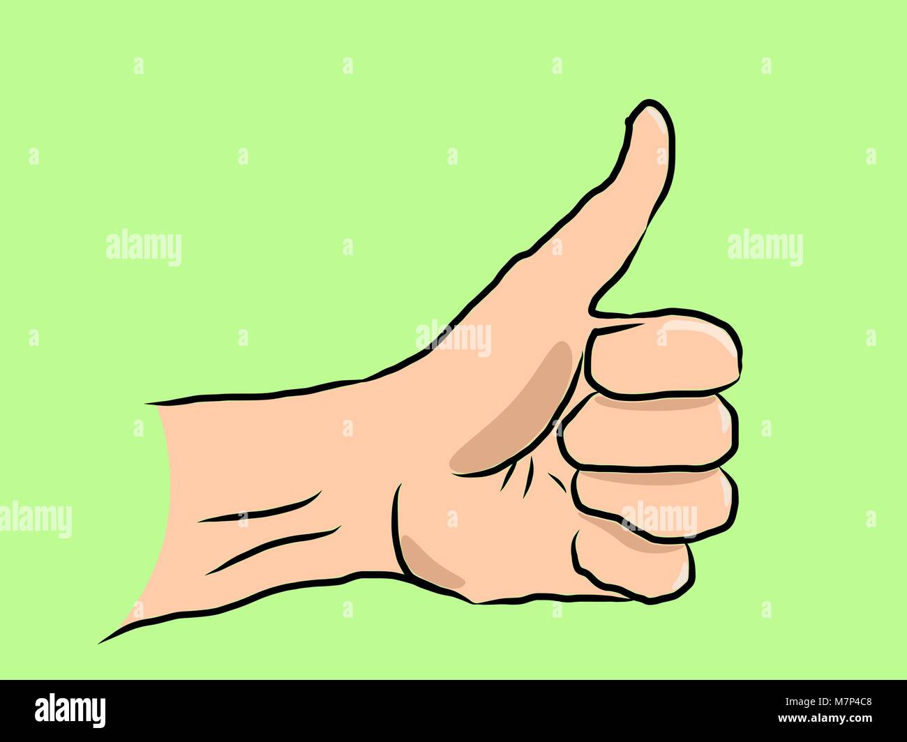 Hand drawn thumb up on a green background, positive symbol line drawing ...