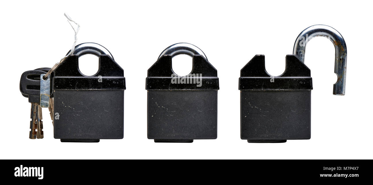 Well used Open and closed strong lock isolated on white background with ...