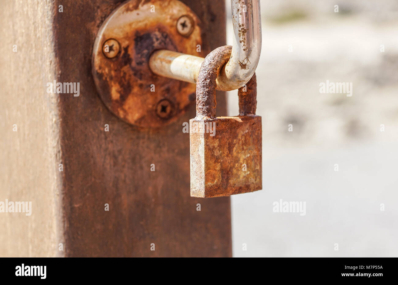 Padlock picture showing an old rusty padlock lock mounted to a fence by ...