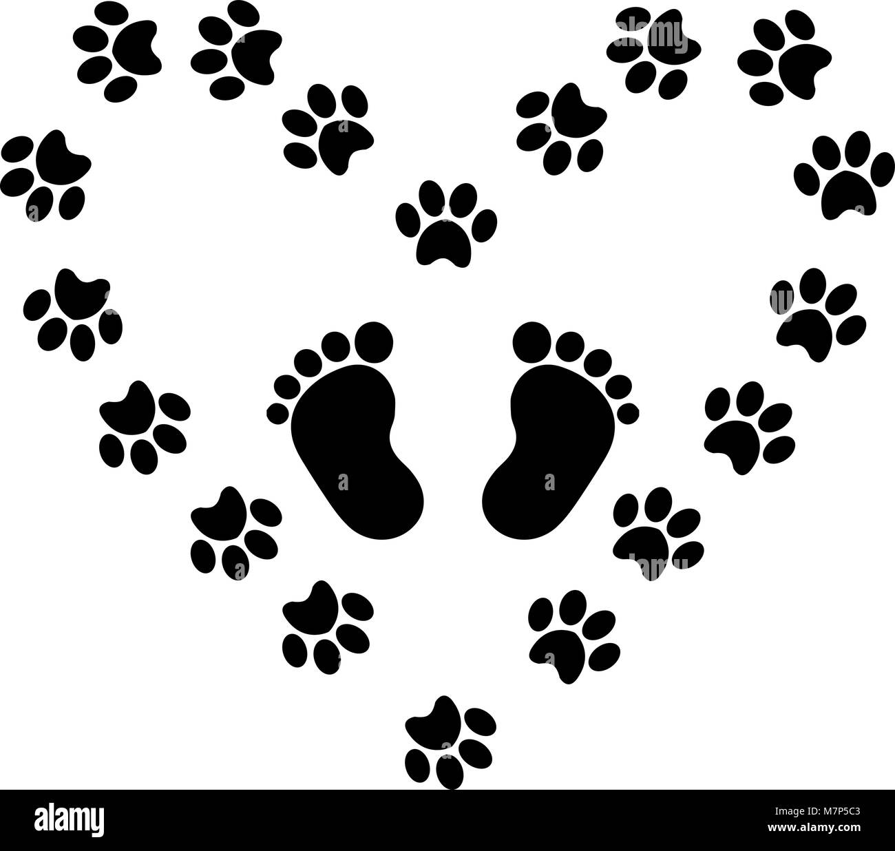 Black silhouette of baby footprints inside heart made of animal paws ...