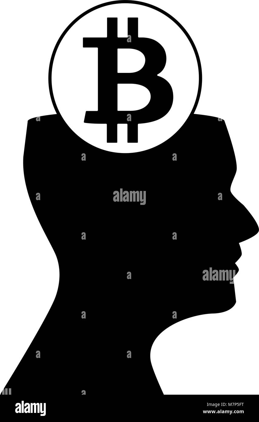 Black silhouette of human head with sign of bitcoin inside isolated on ...