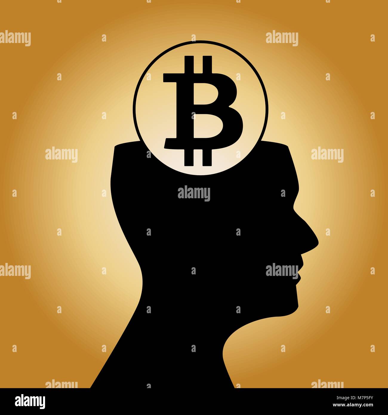 Human head silhouette with sign of bitcoin inside on shiny golden ...