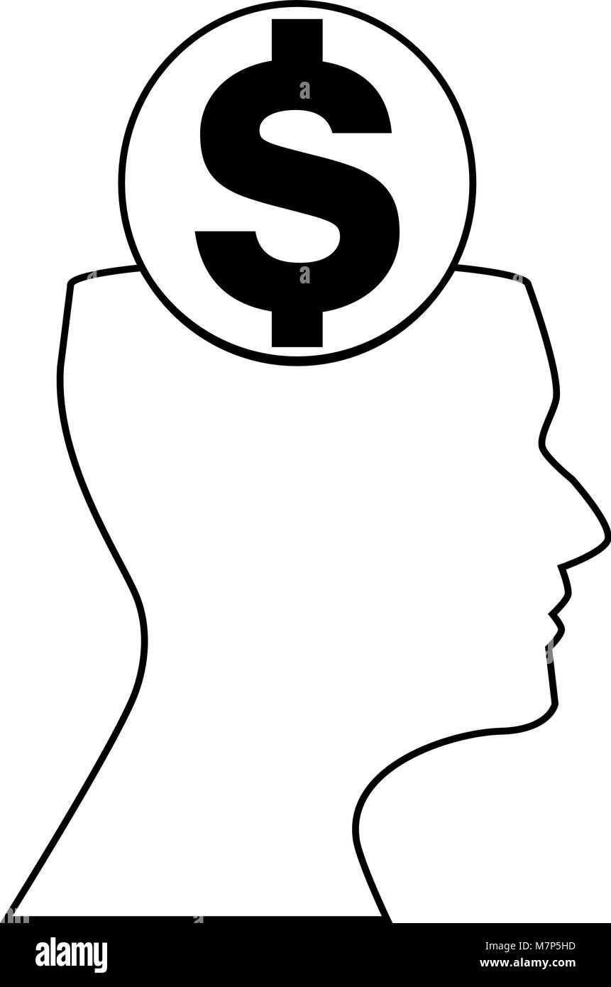Outline silhouette of of dollar sign inside of human head isolated on ...