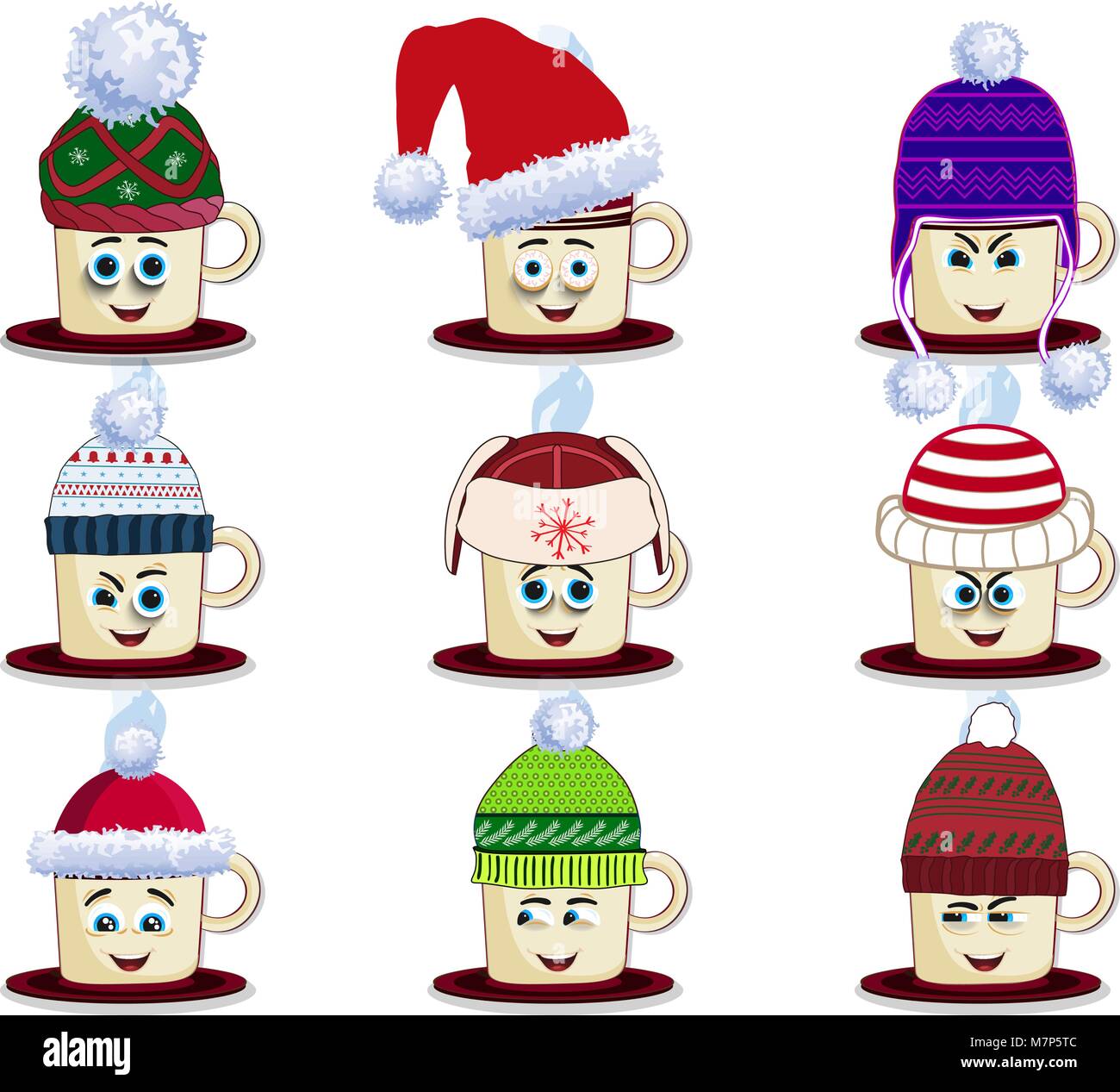 Colored beautiful doodle steaming cups characters with cute cartoon ...