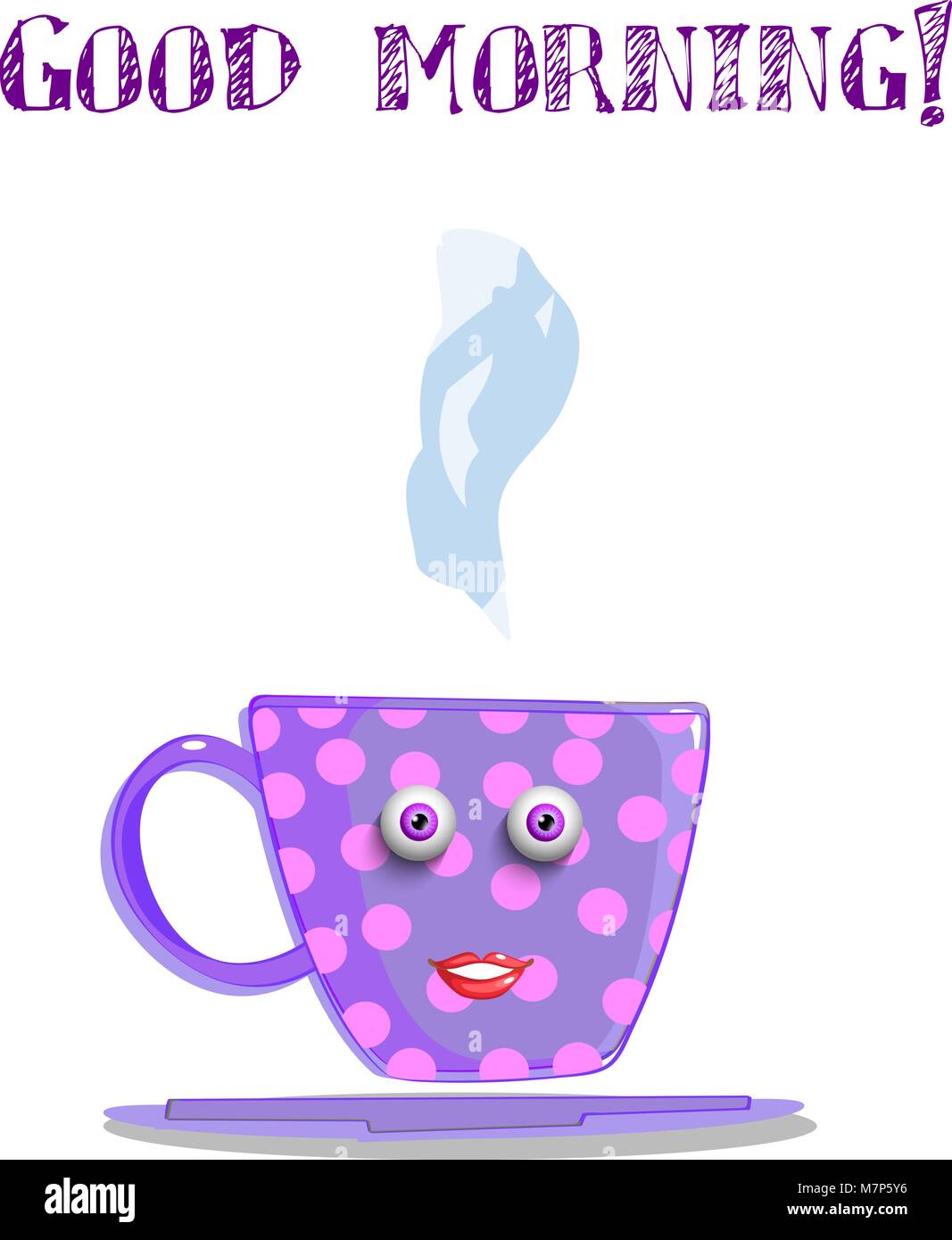 Cute cartoon lilac smiling female cup with pink polka dots, eyes and ...