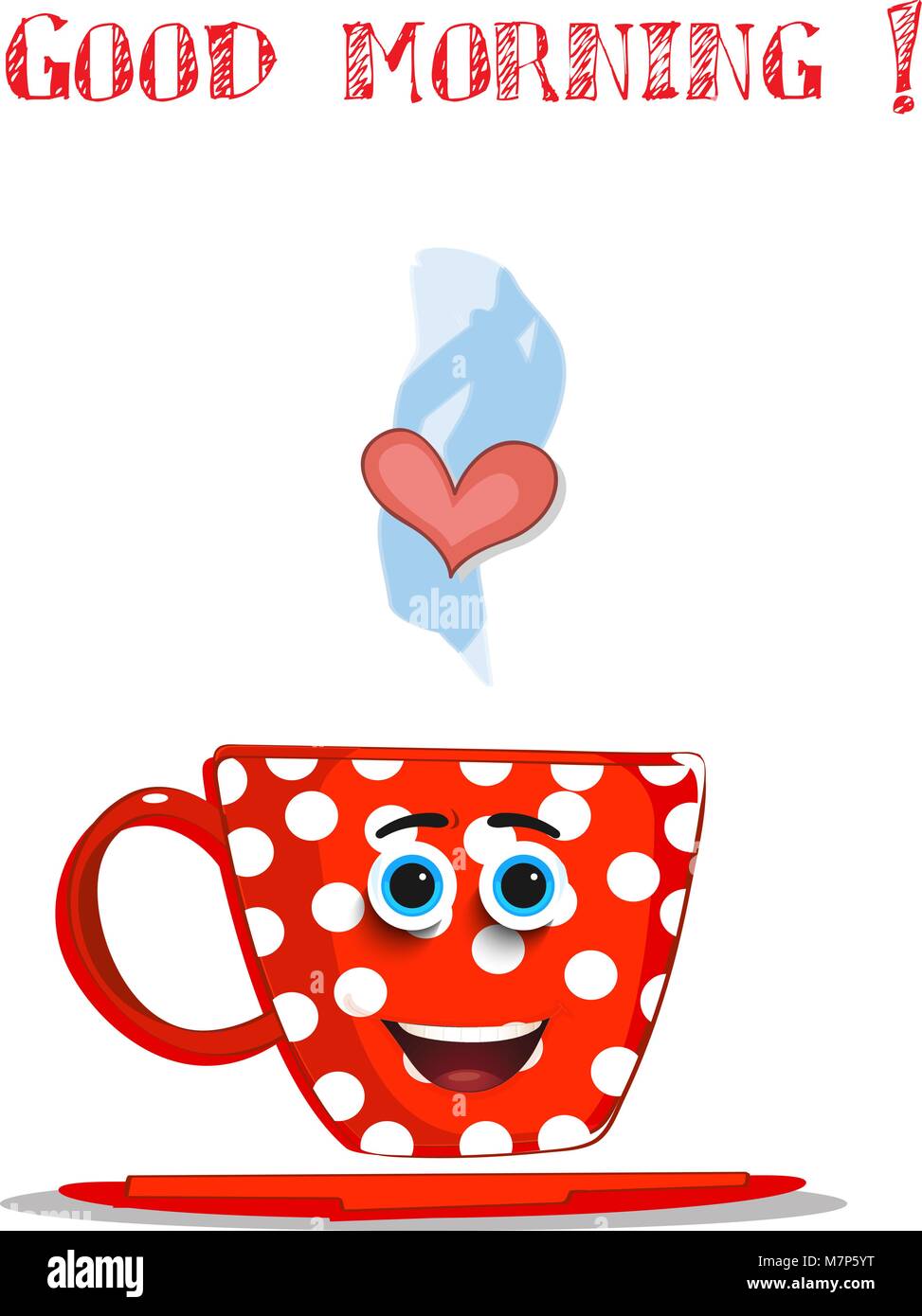 Cute cartoon red smiling cup with white polka dots pattern, blue eyes ...