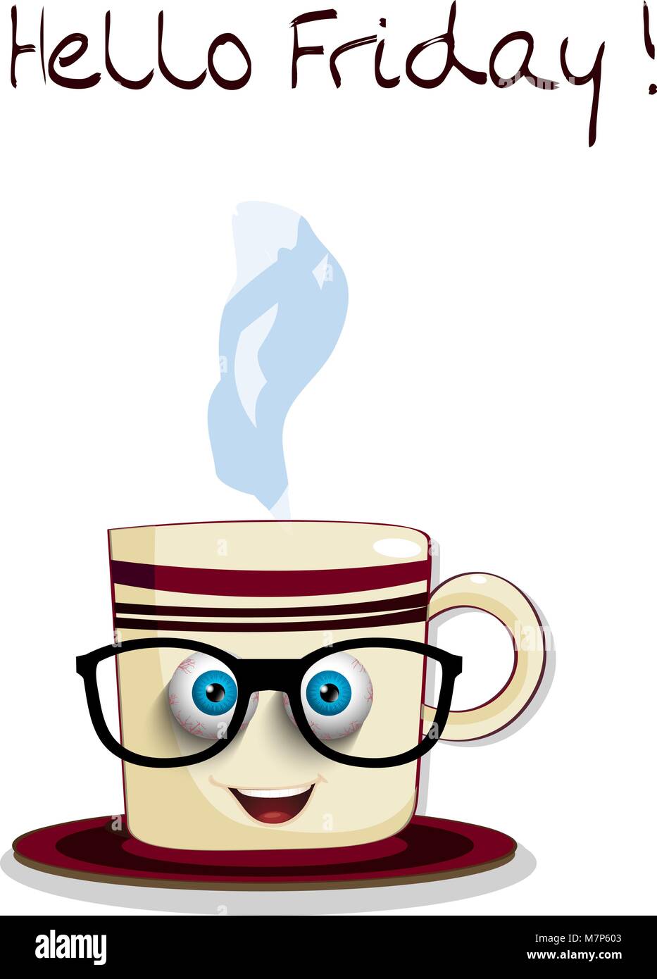 Cute cartoon smiling cup in glasses with blue sleepy streaked eyes and ...