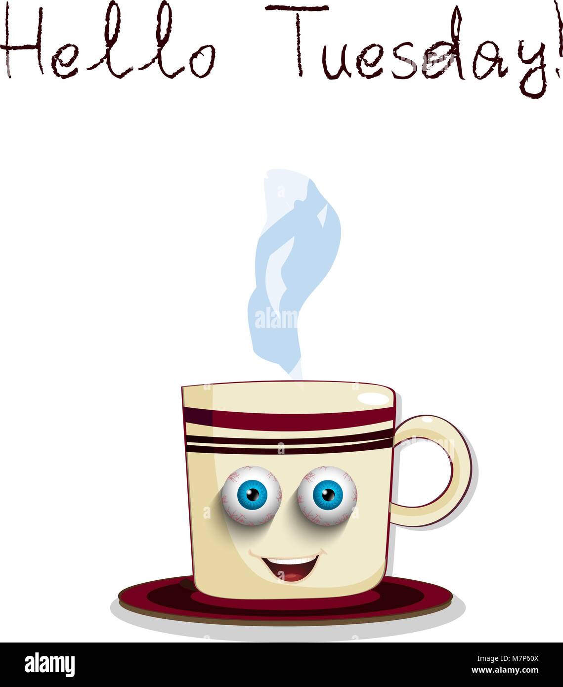 Cute cartoon smiling male cup with stripes and blue eyes and text hello ...