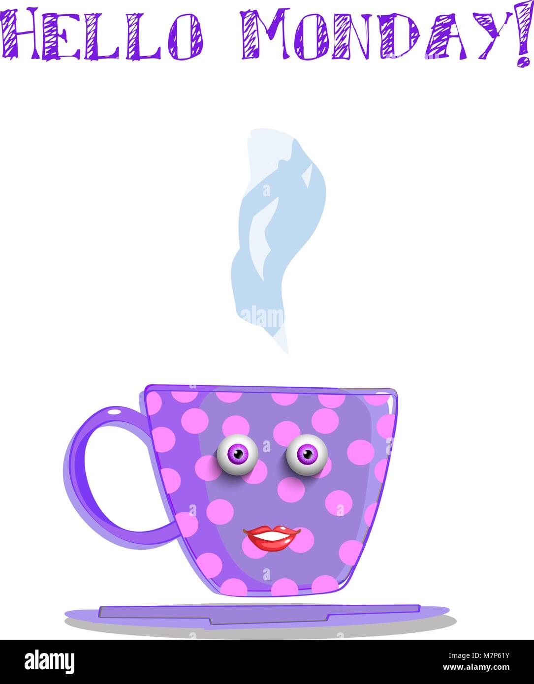 Cute cartoon lilac smiling female cup with pink polka dots, eyes and ...
