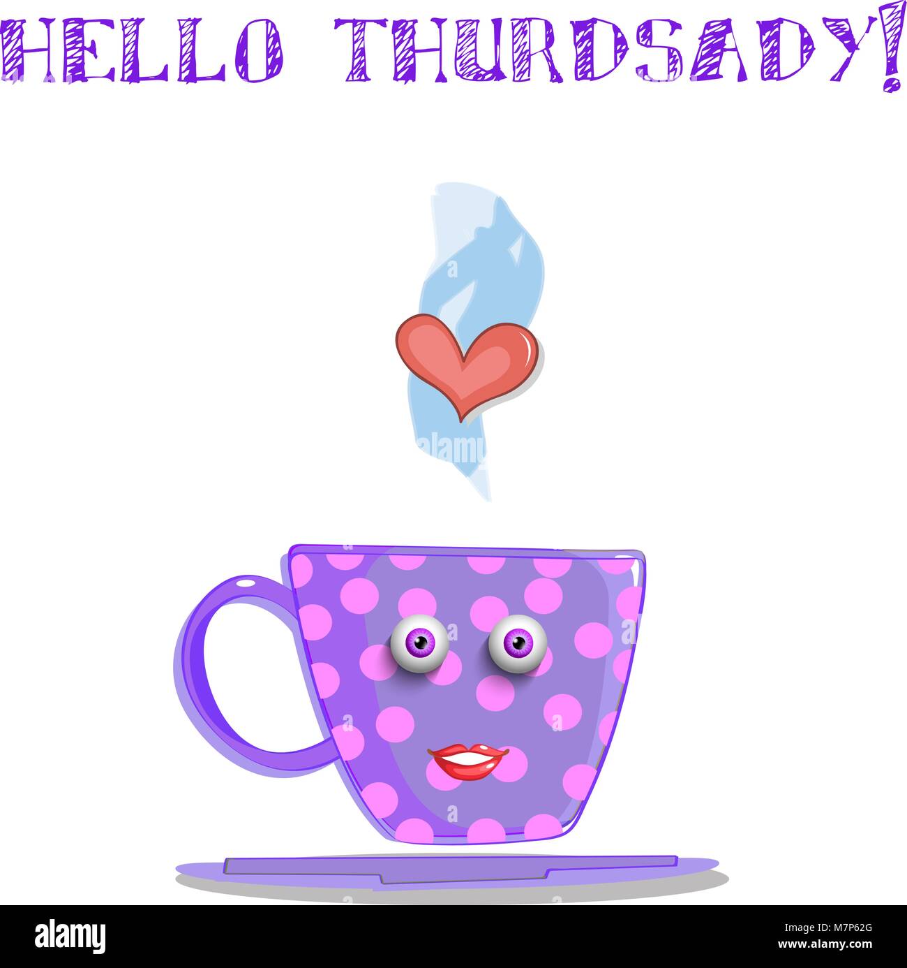 Cute cartoon lilac smiling cup with pink polka dots pattern, eyes and ...