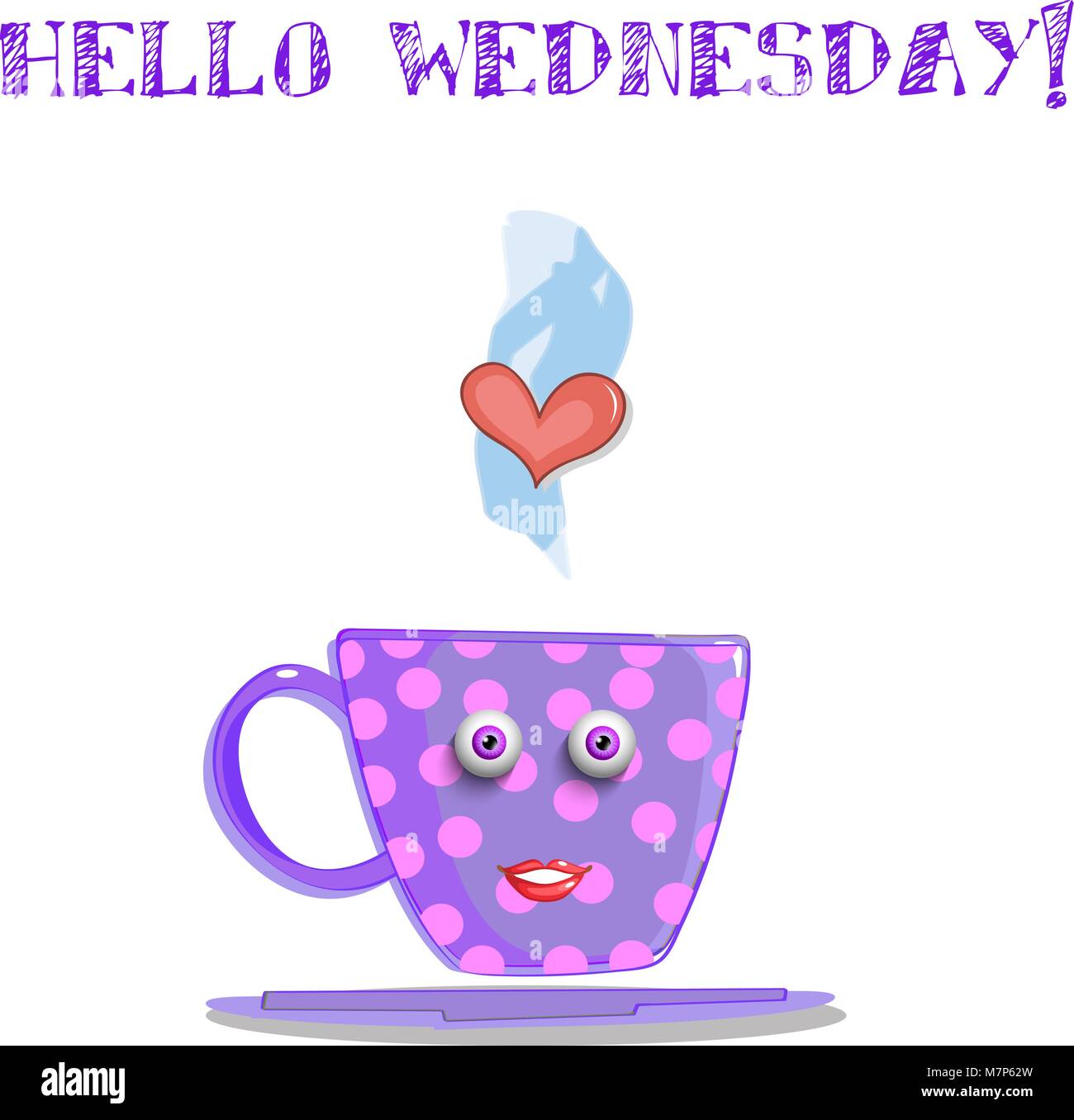 Cute cartoon lilac smiling cup with pink polka dots pattern, eyes and ...