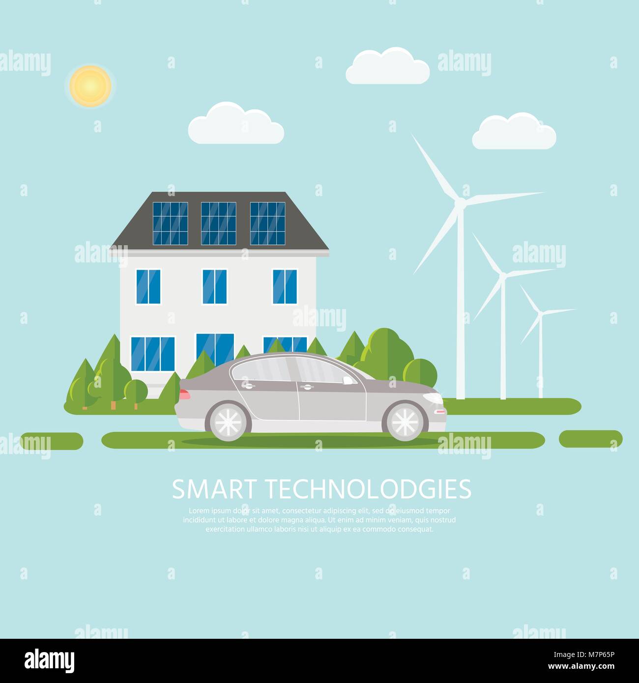 Green modern house with solar panels, wind turbine and smart car. Eco ...
