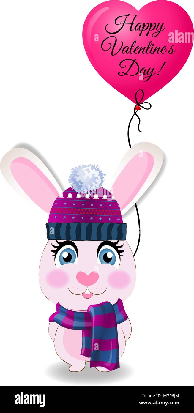 Valentines greeting card with cute cartoon rabbit in violet knitted hat ...