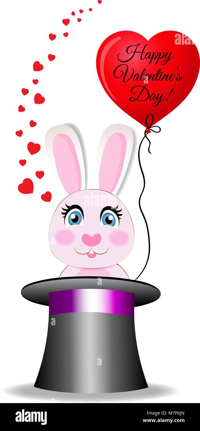 Valentines greeting card with cute cartoon pink rabbit with red heart ...