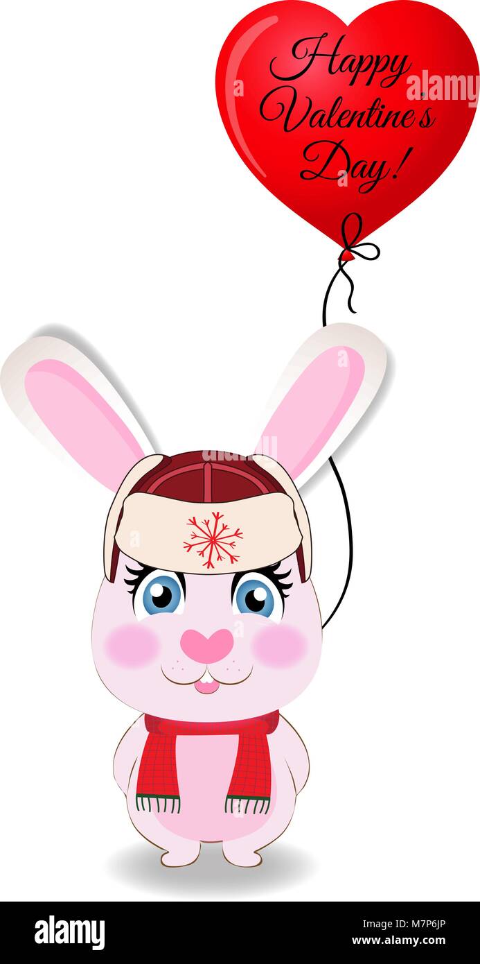 Valentines greeting card. Cute cartoon rabbit in red hat with ear flaps ...