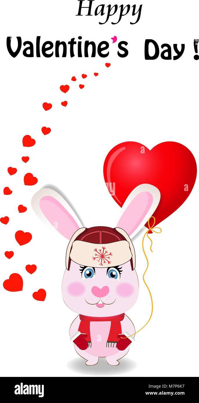 Valentines day greeting card. Cute cartoon rabbit in red hat with ear ...