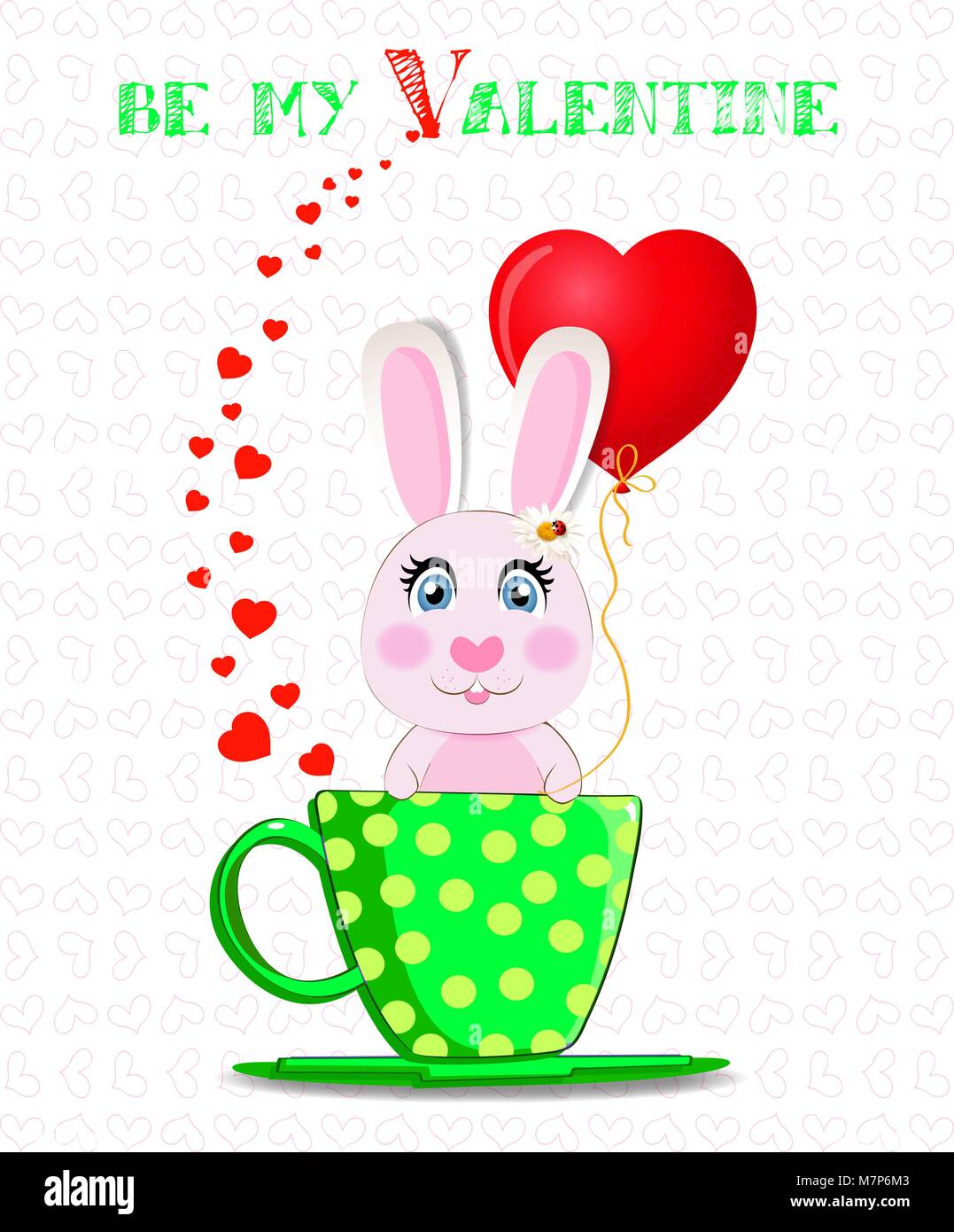 Be my Valentine greeting post card with cute cartoon bunny holding red ...